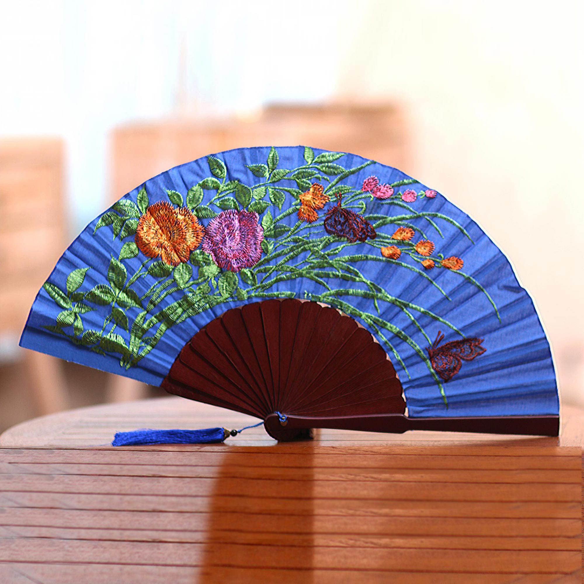 Floral Embroidered Silk Hand Fan in Caribbean Blue from Bali ...