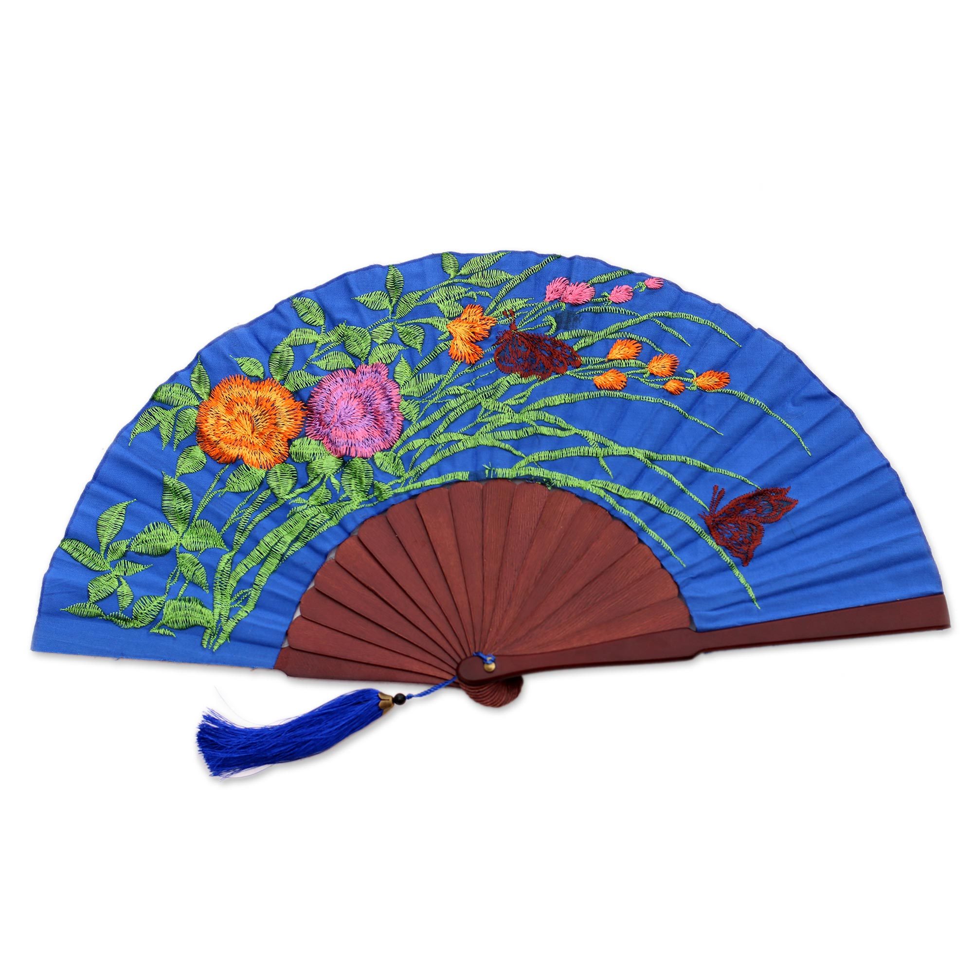 Floral Embroidered Silk Hand Fan in Caribbean Blue from Bali ...