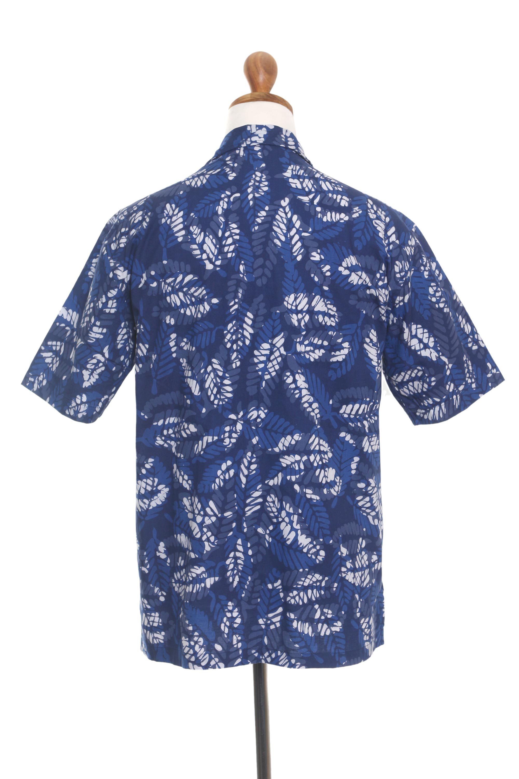 Men's Short-Sleeved Blue Cotton Batik Shirt from Bali - Blue Leaf ...
