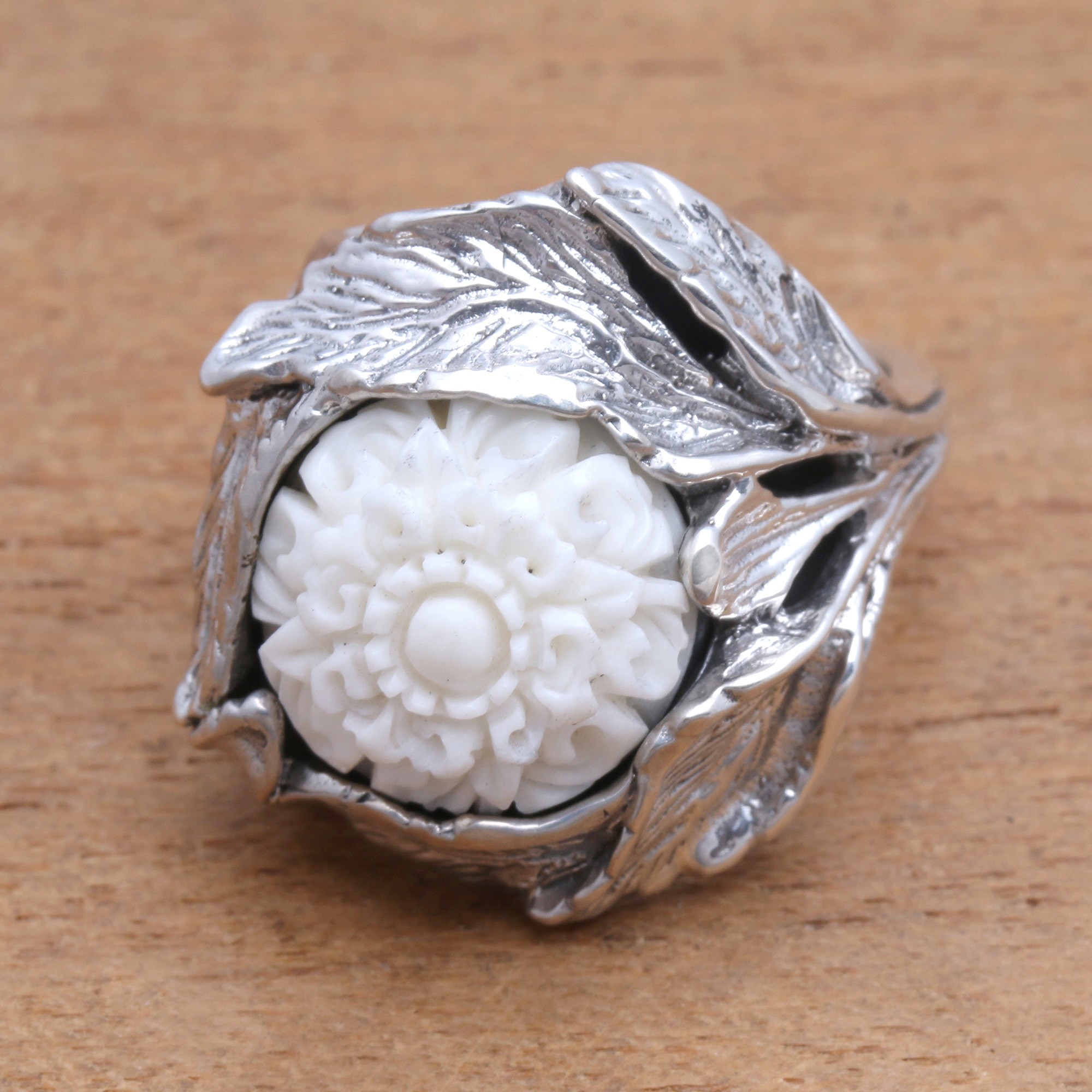 Floral Sterling Silver Cocktail Ring from Java - Leafy Flower | NOVICA
