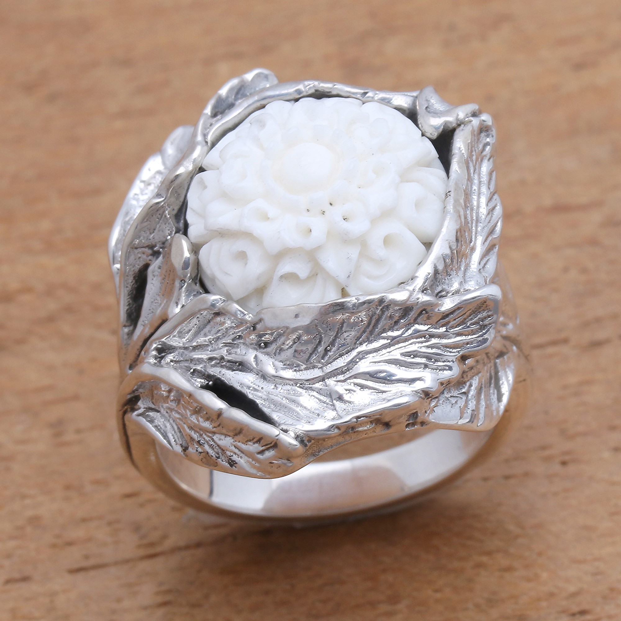 Floral Sterling Silver Cocktail Ring from Java - Leafy Flower | NOVICA