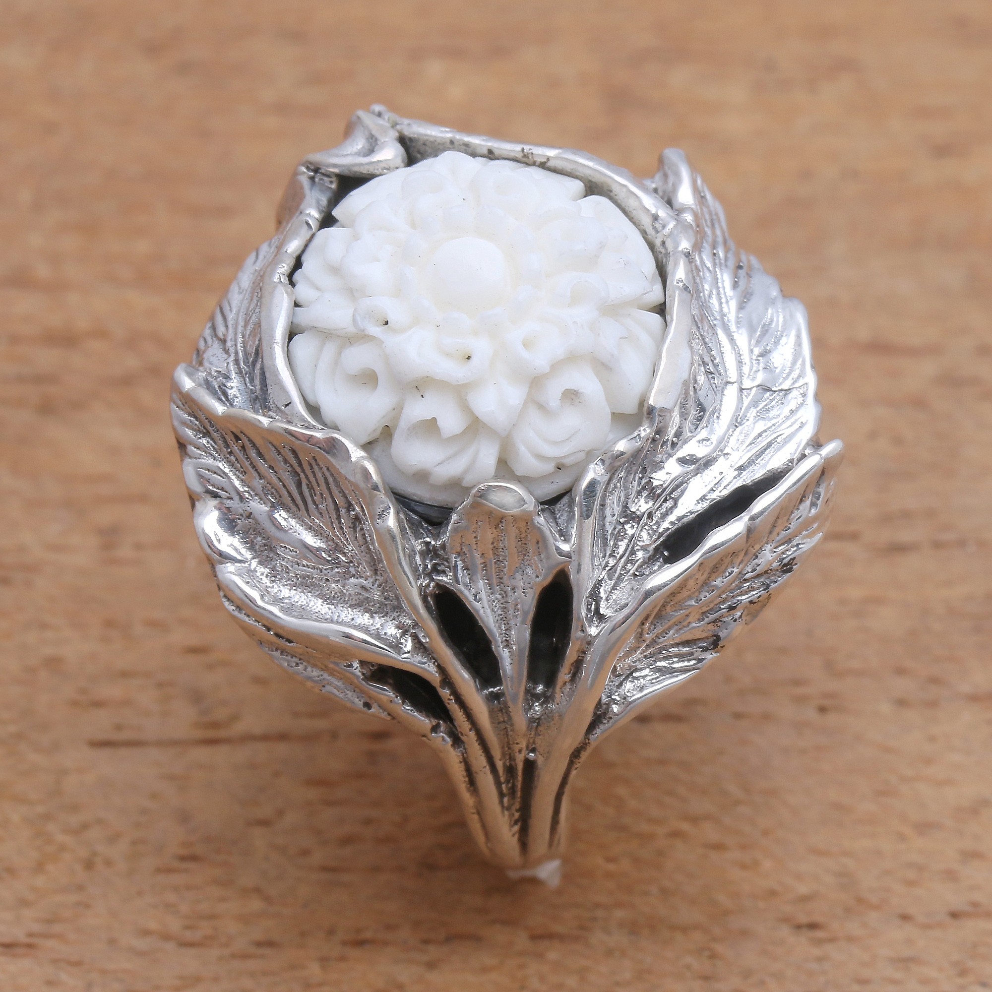 Floral Sterling Silver Cocktail Ring from Java - Leafy Flower | NOVICA