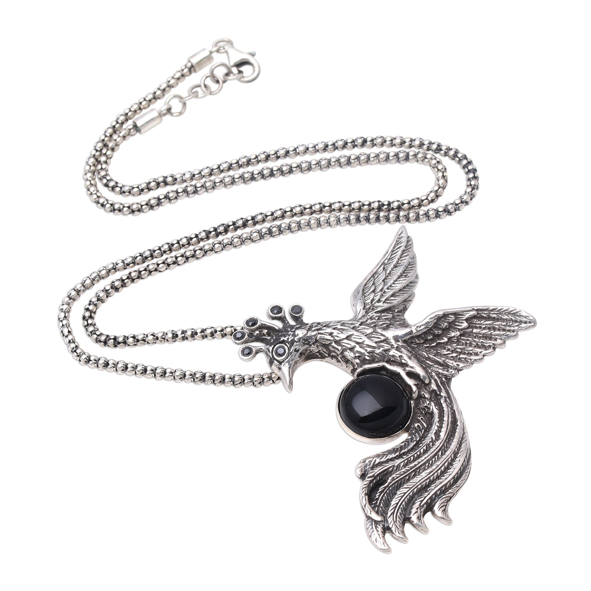Onyx Phoenix Pendant Necklace from Bali - Phoenix Cradle | NOVICA