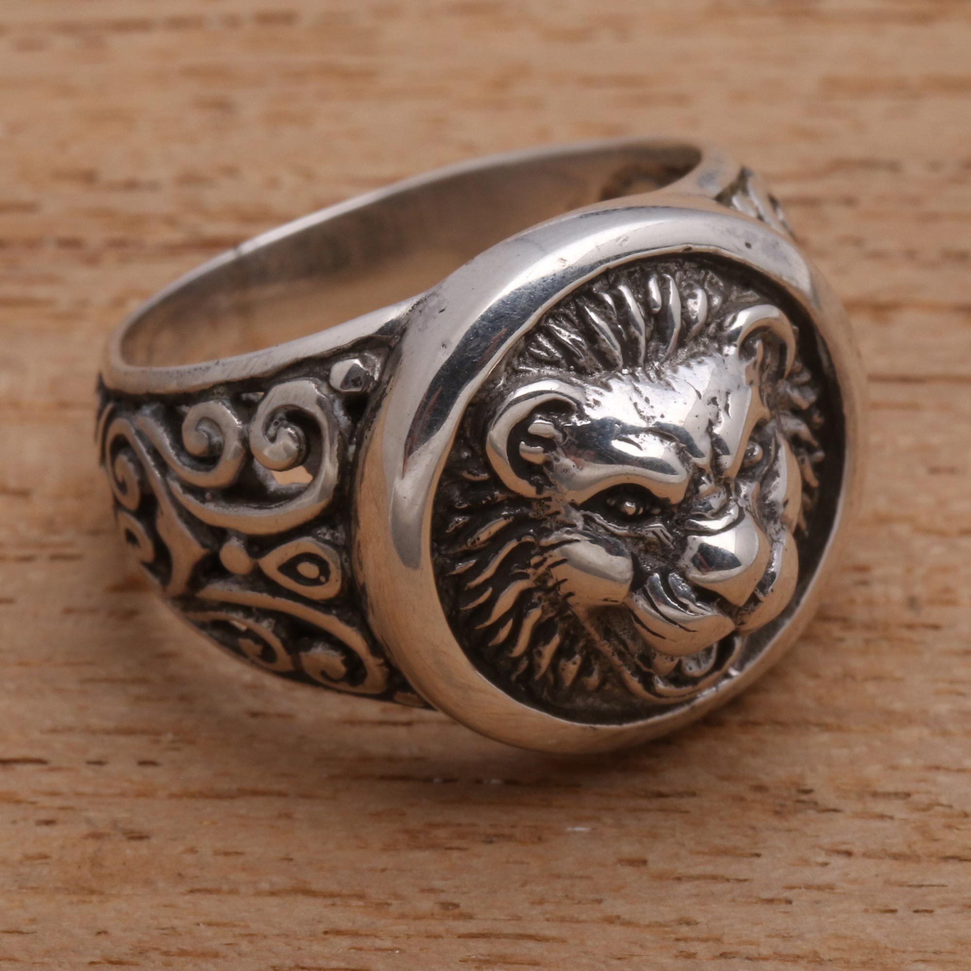 Men's Sterling Silver Lion Ring from Bali - Lion Strength | NOVICA