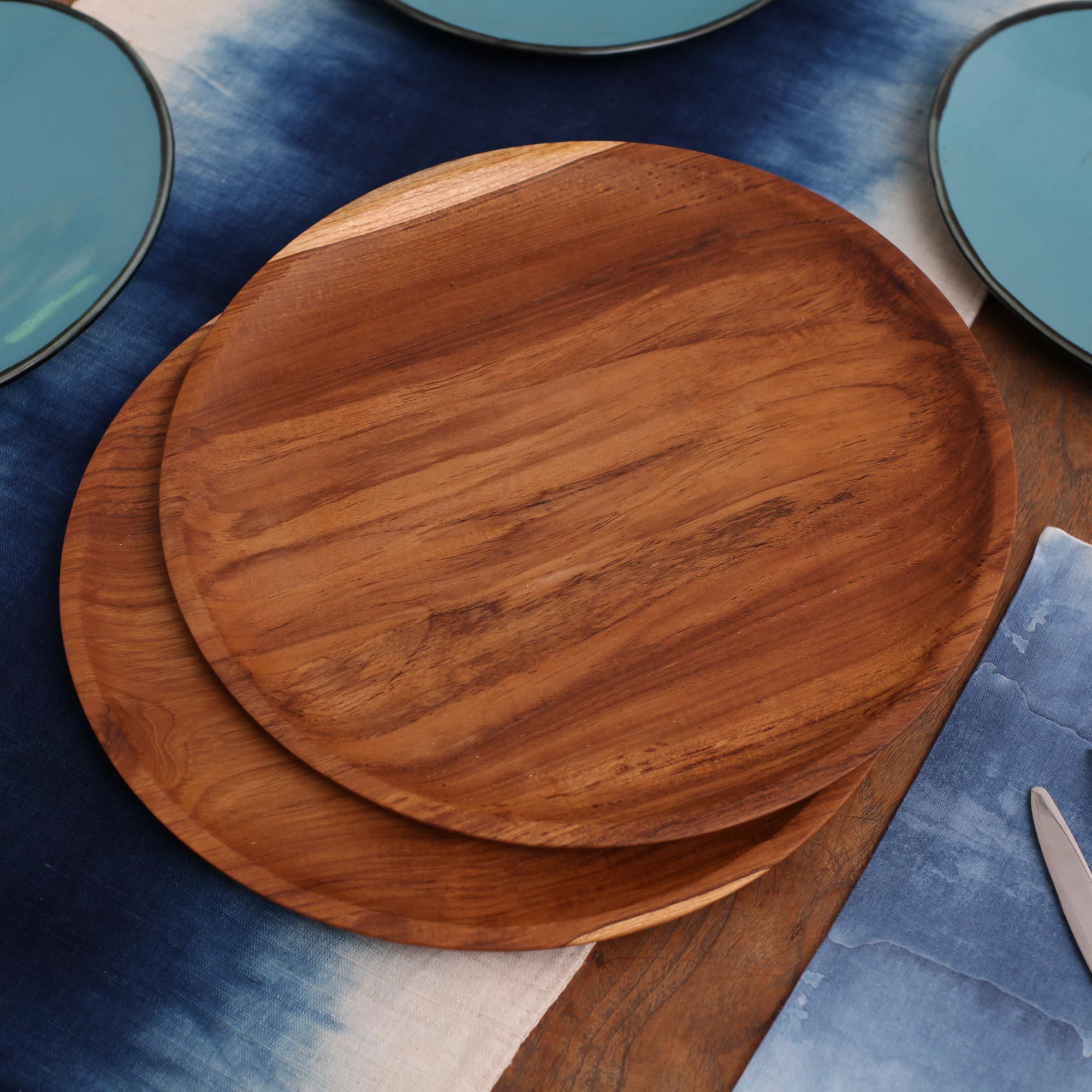 Handcrafted Teak Wood Luncheon Plates (Pair) - Natural Appetite | NOVICA