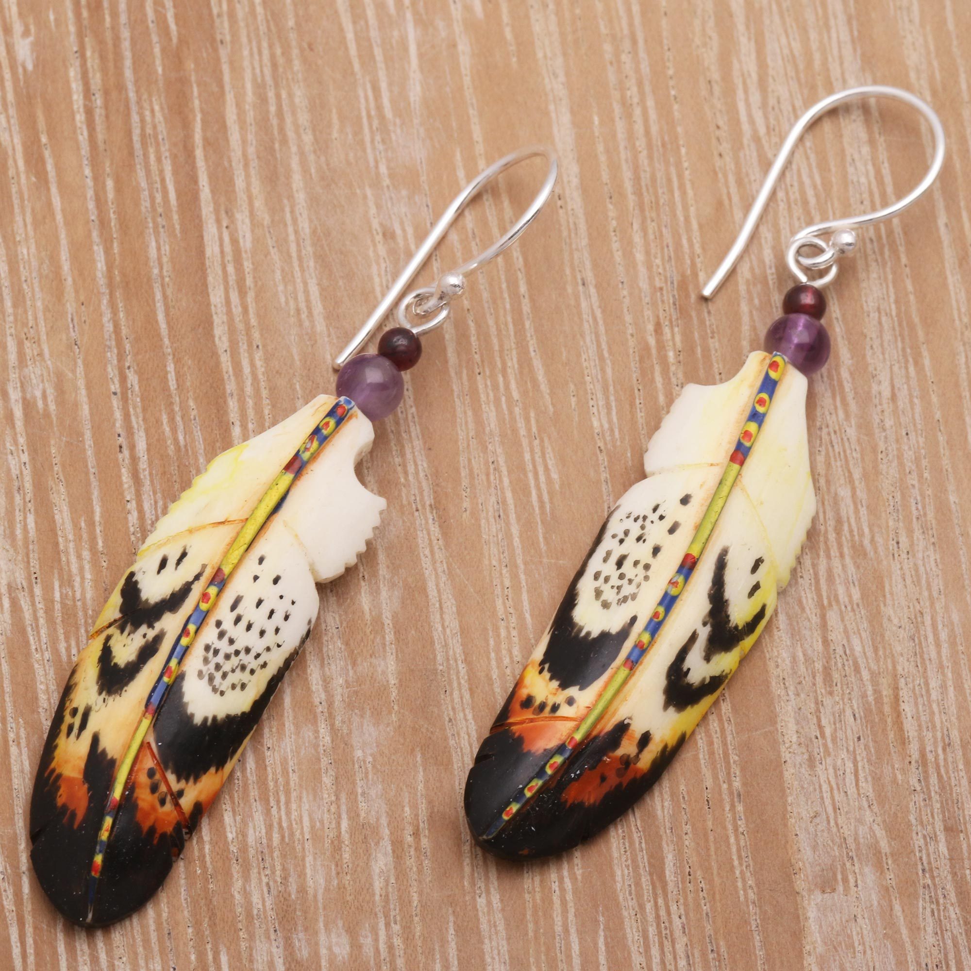 Hand-Carved Feather Dangle Earrings with Amethyst - Delightful Feathers ...