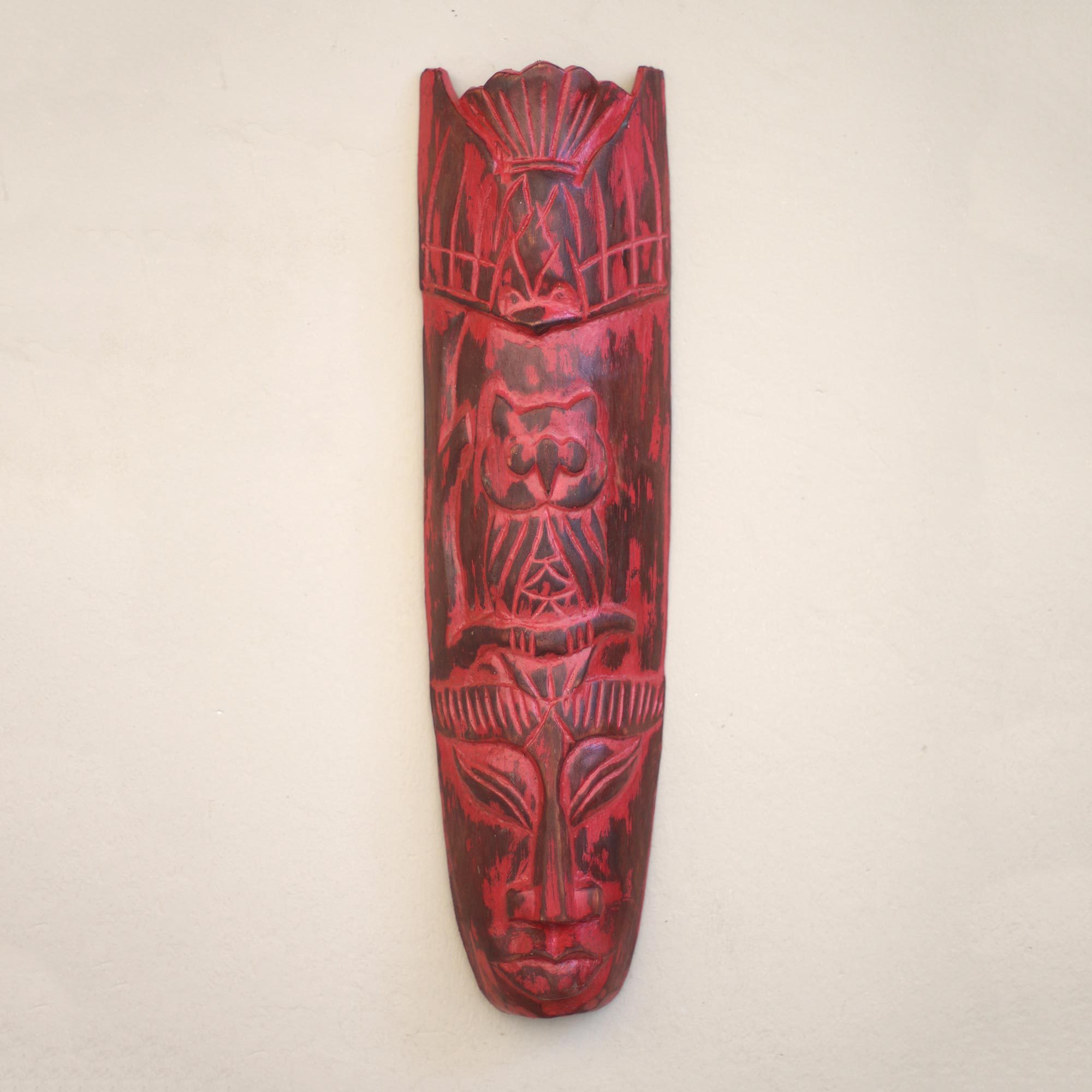 Red Carved Wood Mask with Antiqued Finish - Ancient Face in Red | NOVICA