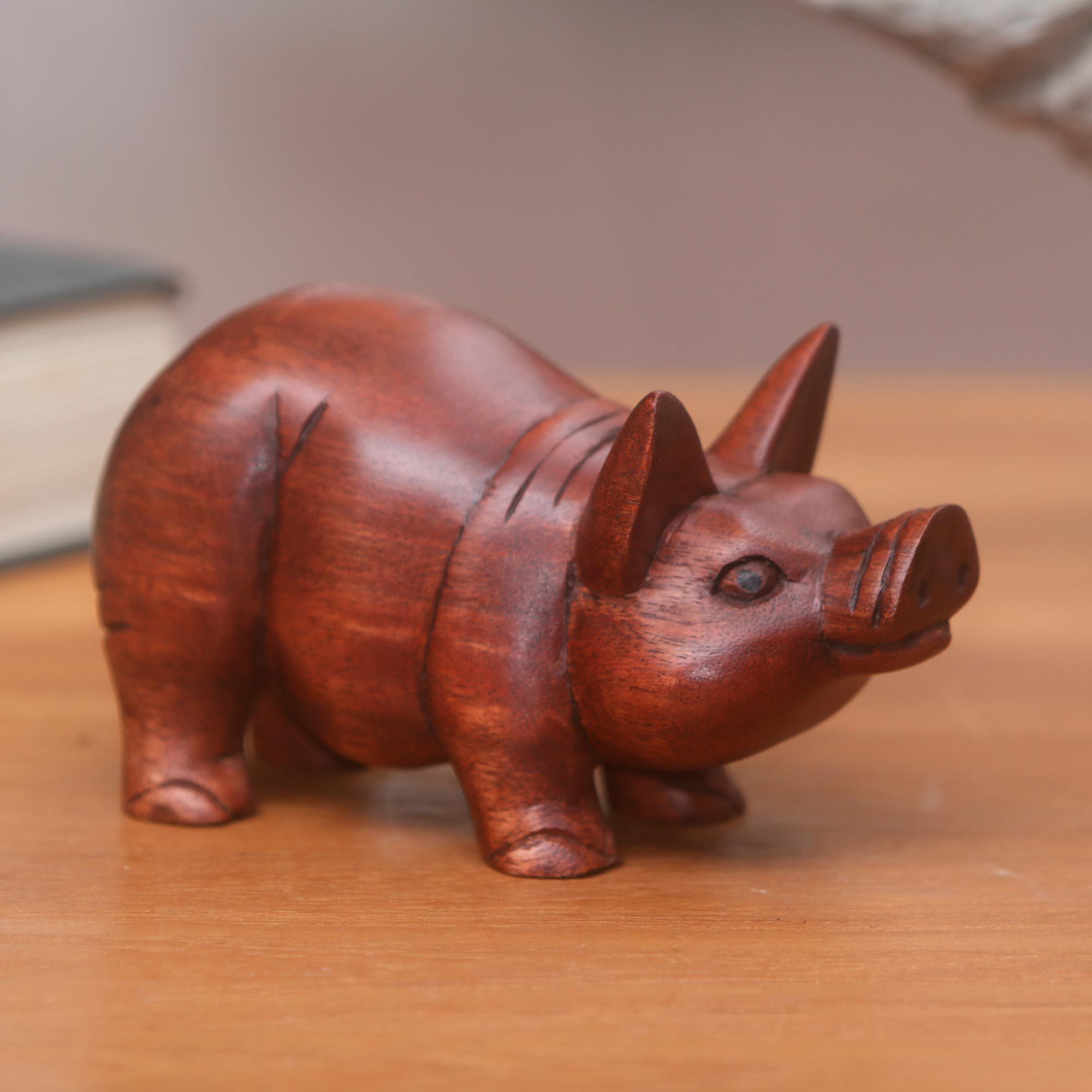 Hand Carved Wood Sculpture of a Pig - Adorable Pig | NOVICA