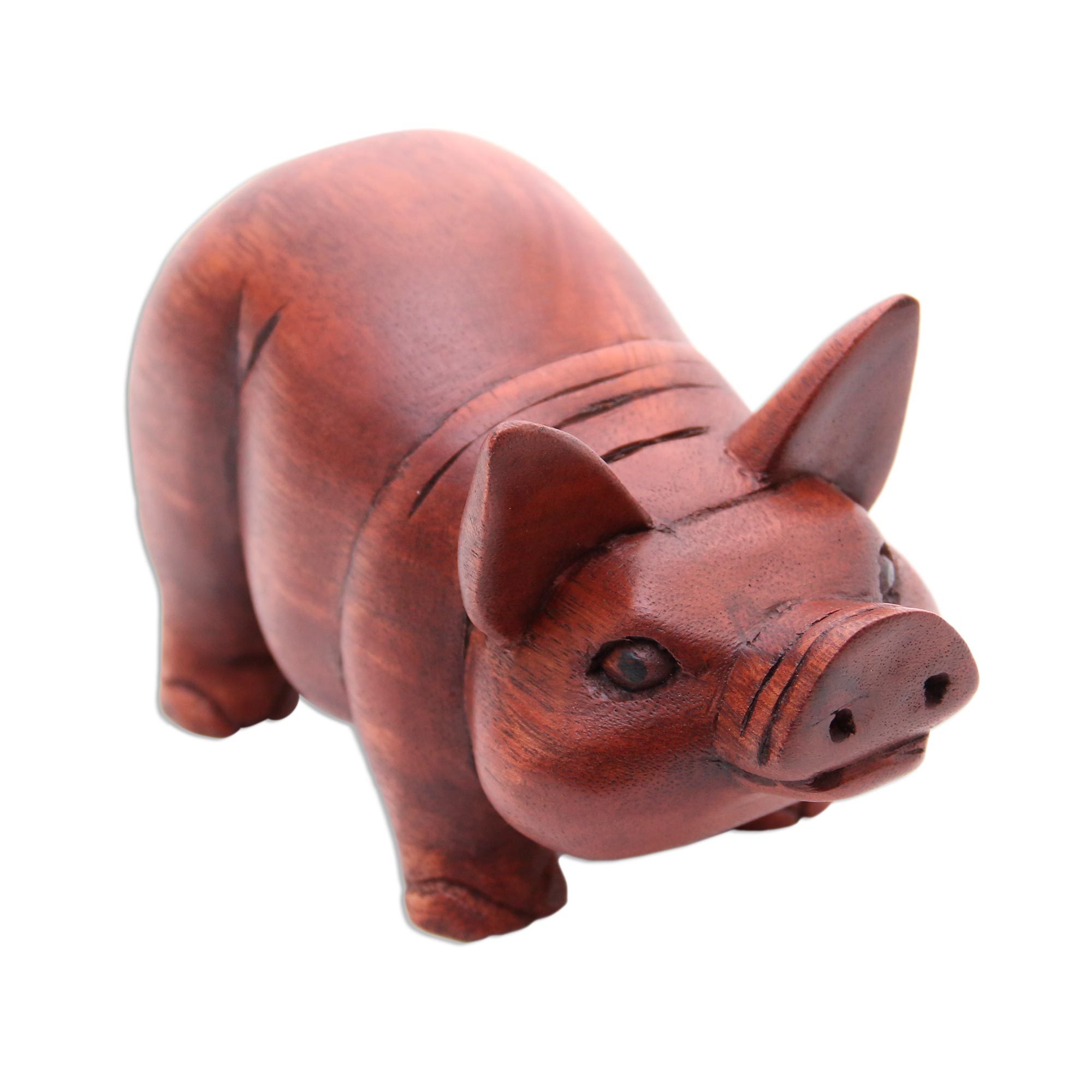 Hand Carved Wood Sculpture of a Pig - Adorable Pig | NOVICA
