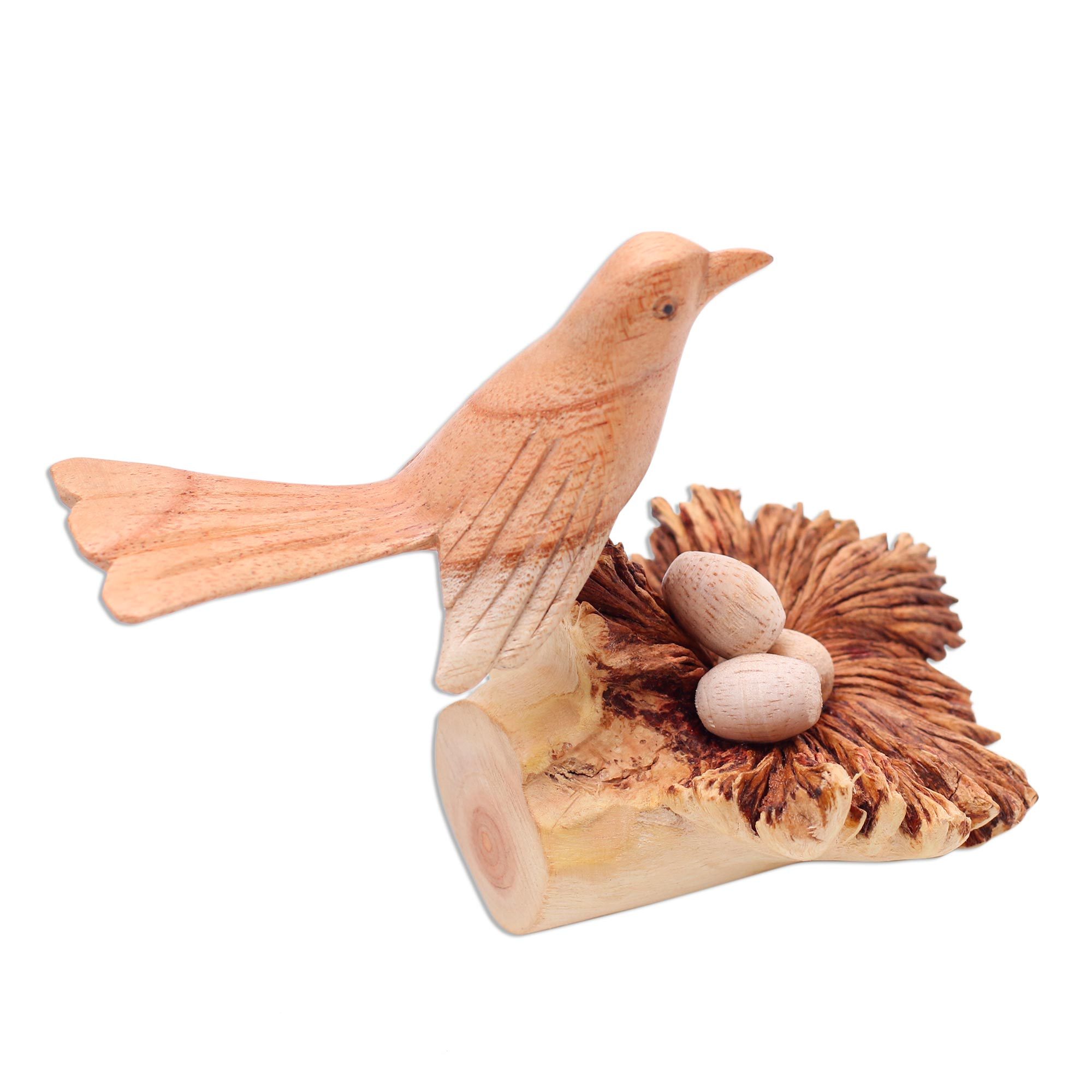 Nesting Bird Hand Carved Wood Sculpture - Nesting Bird | NOVICA
