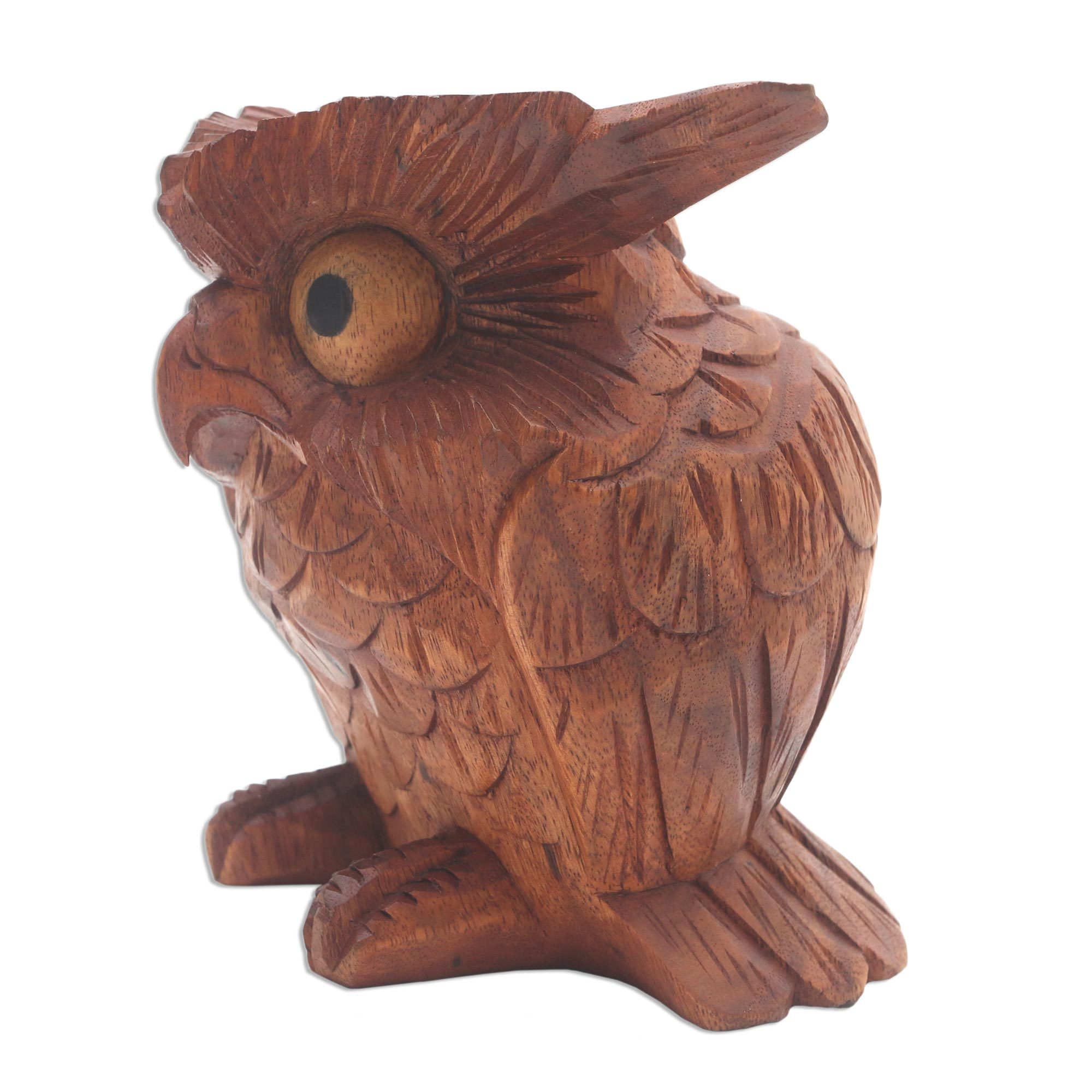 Wood Owl Statuette from Bali - Clever Owl | NOVICA