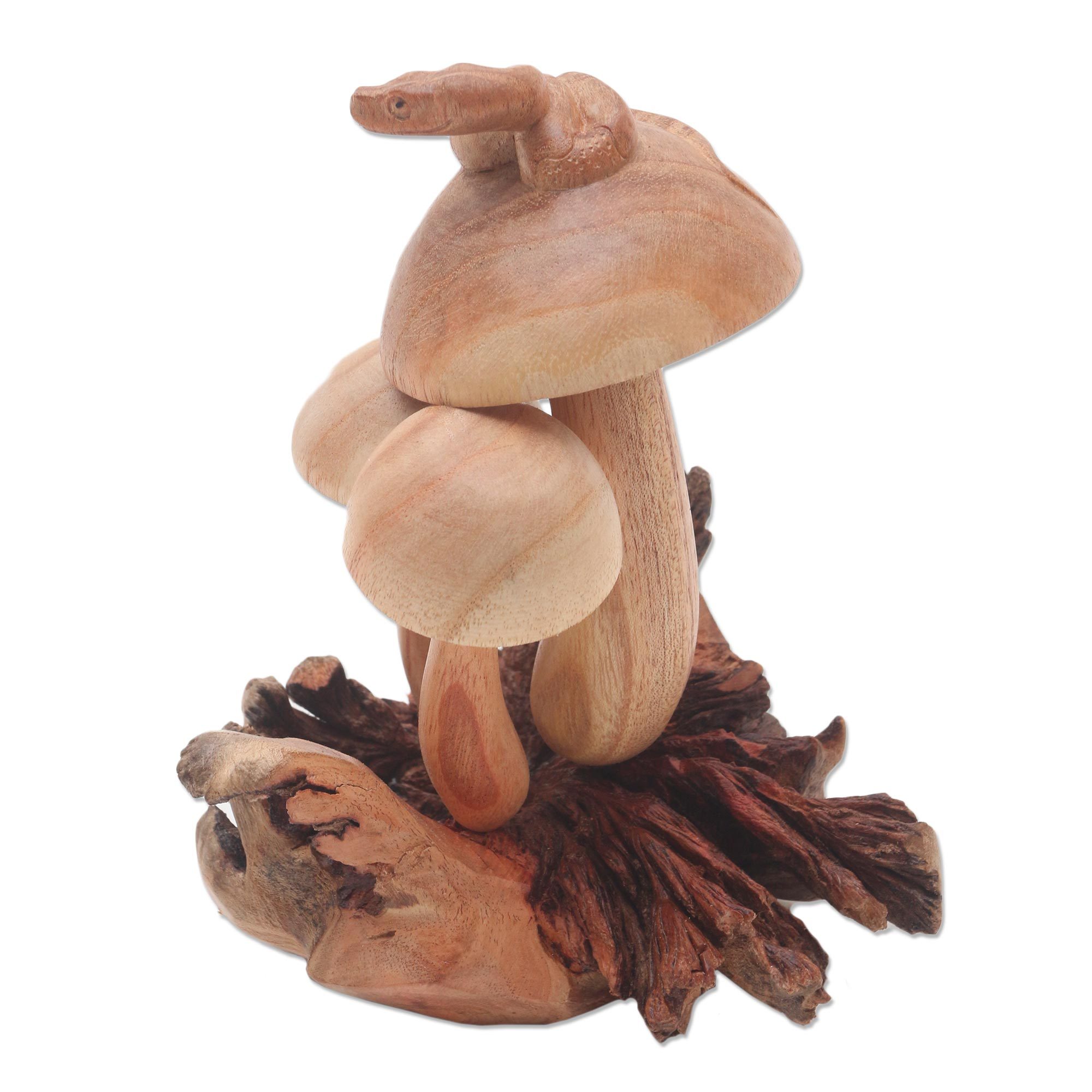 Hand Crafted Mushroom and Snake Wood Sculpture - Snake on Mushrooms ...