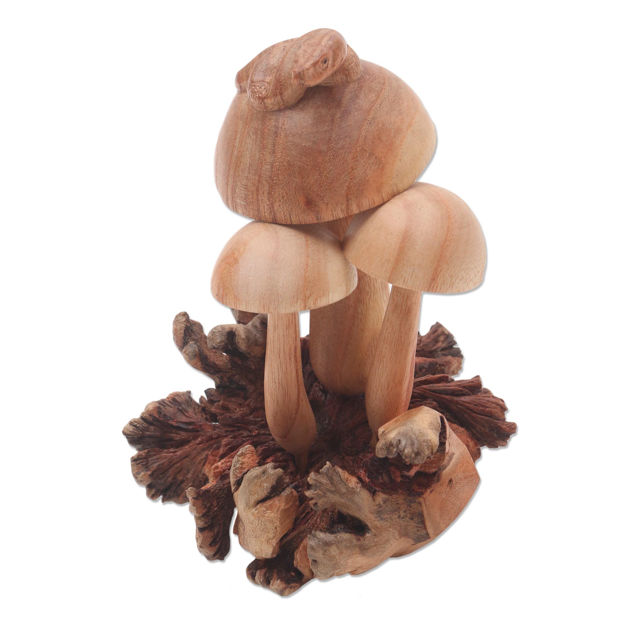 Hand Crafted Mushroom and Snake Wood Sculpture - Snake on Mushrooms ...