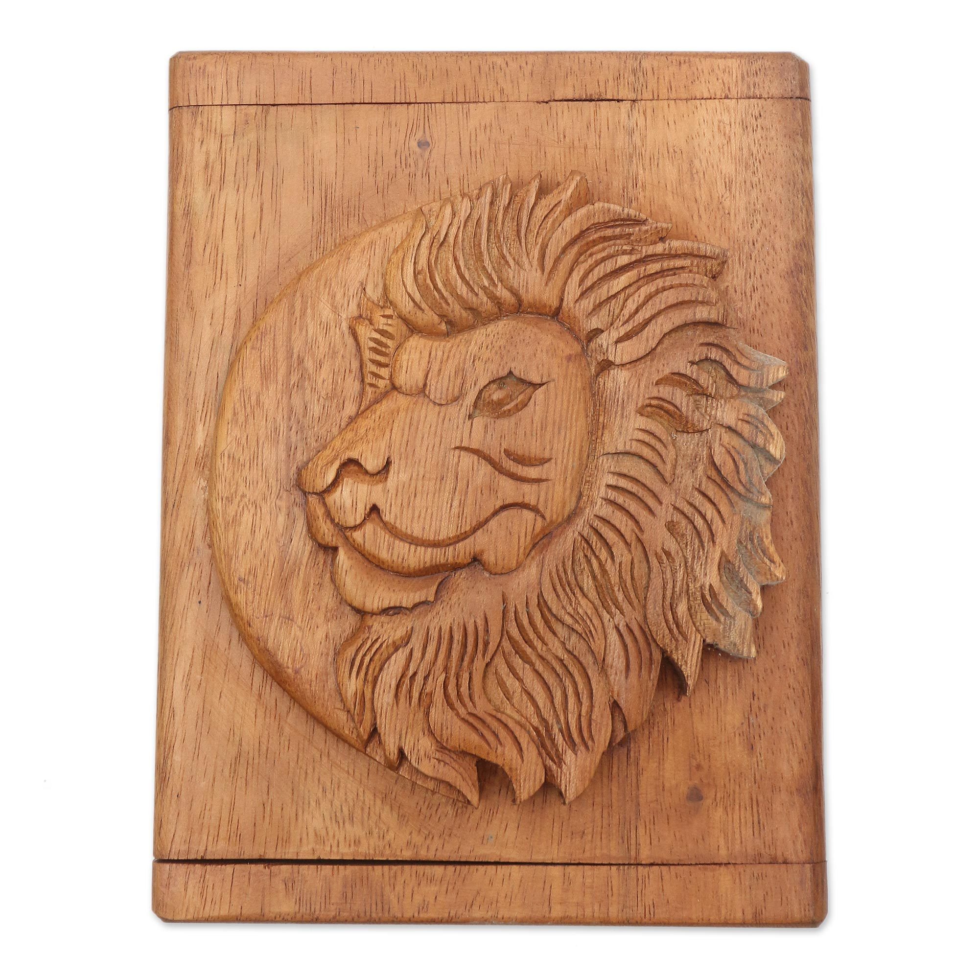 Hand Carved Wood Box with Lion Head Relief - Lion Prince | NOVICA