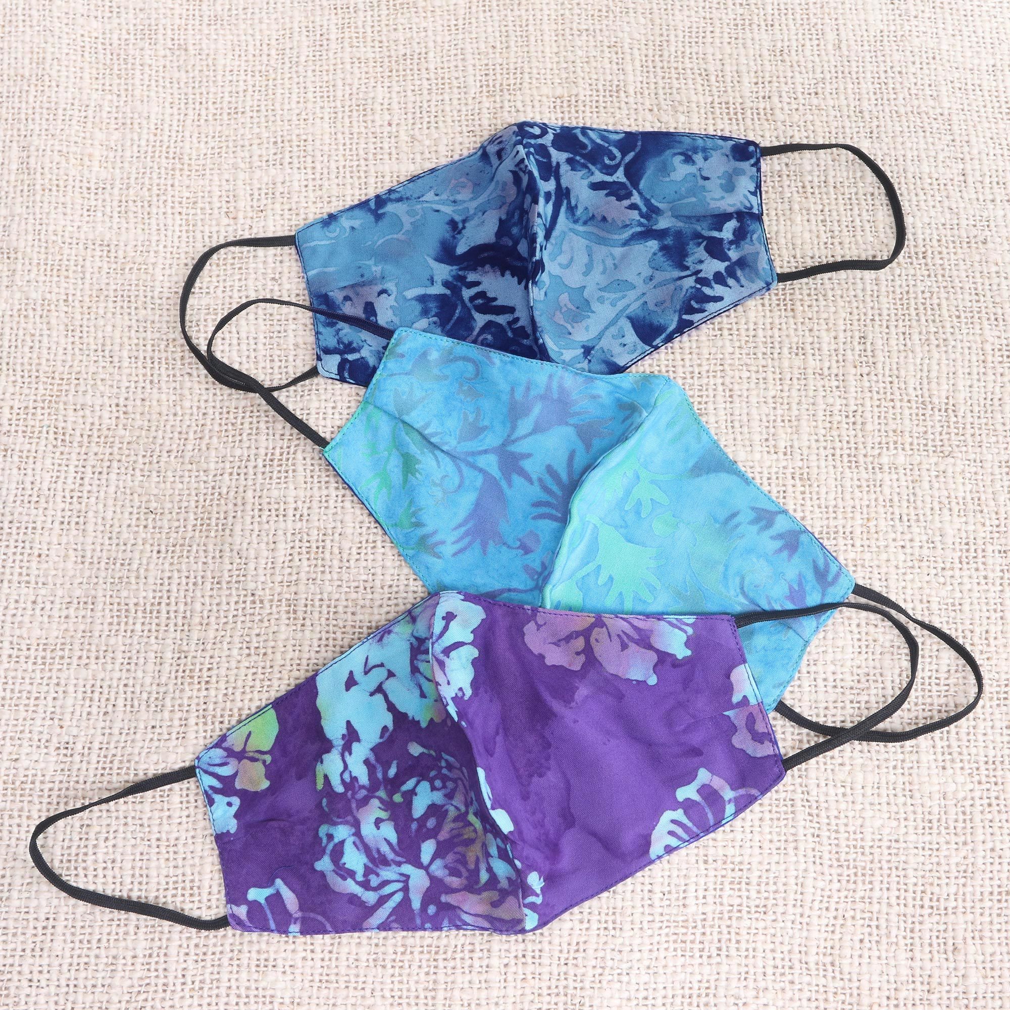 3 Handmade Floral Batik 2-Layer Face Masks from Bali - Summer Blossoms ...