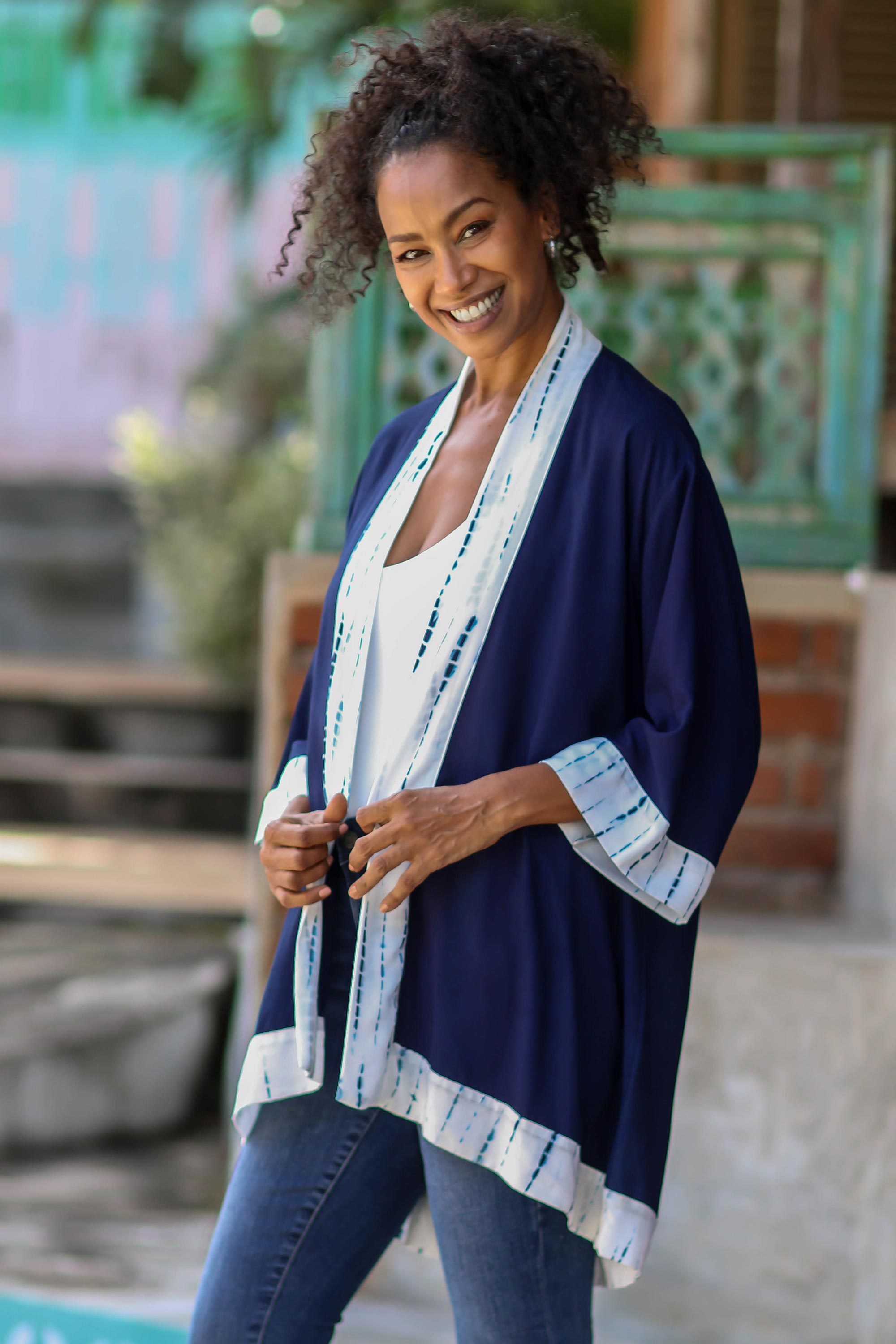 Natural Indigo and White Open Rayon Kimono Jacket - Indigo Rain | NOVICA