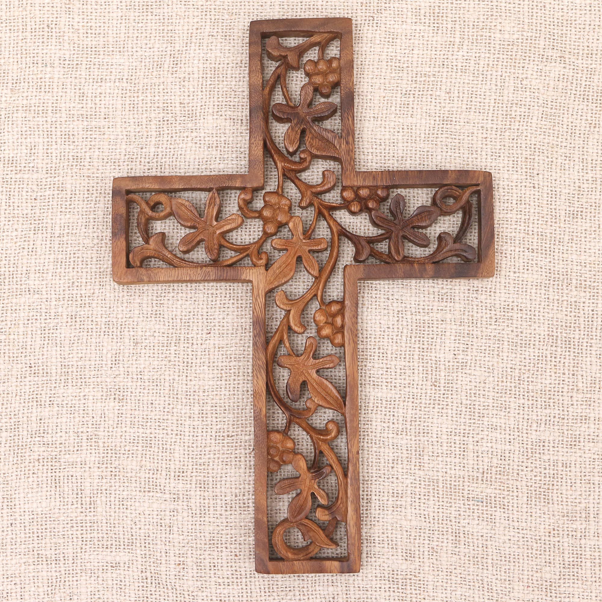 Hand Carved Wood Cross with Leaf and Vine Motif - Natural Inspiration ...