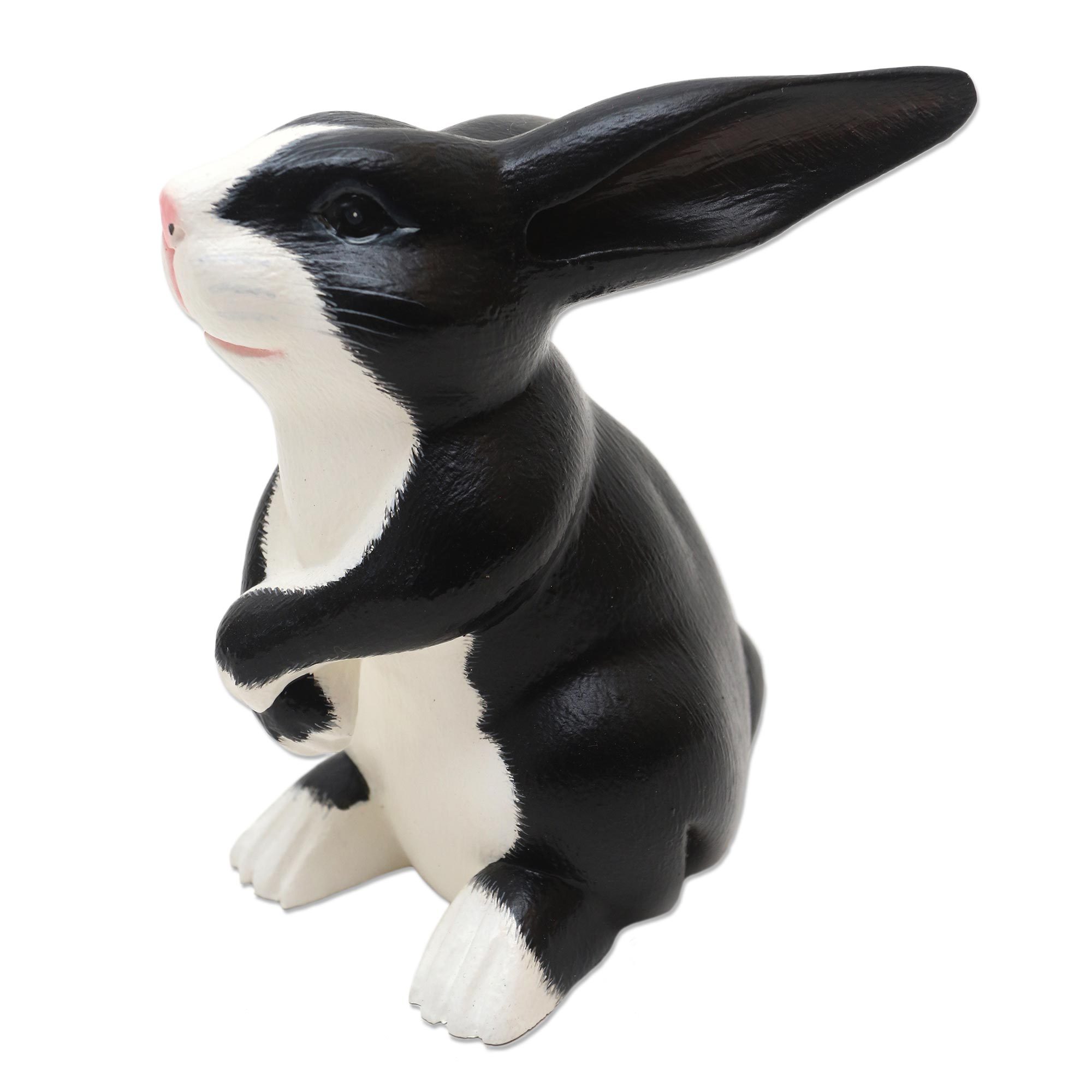 Bunny Sculpture in Black and White - Adorable Tuxedo Rabbit | NOVICA