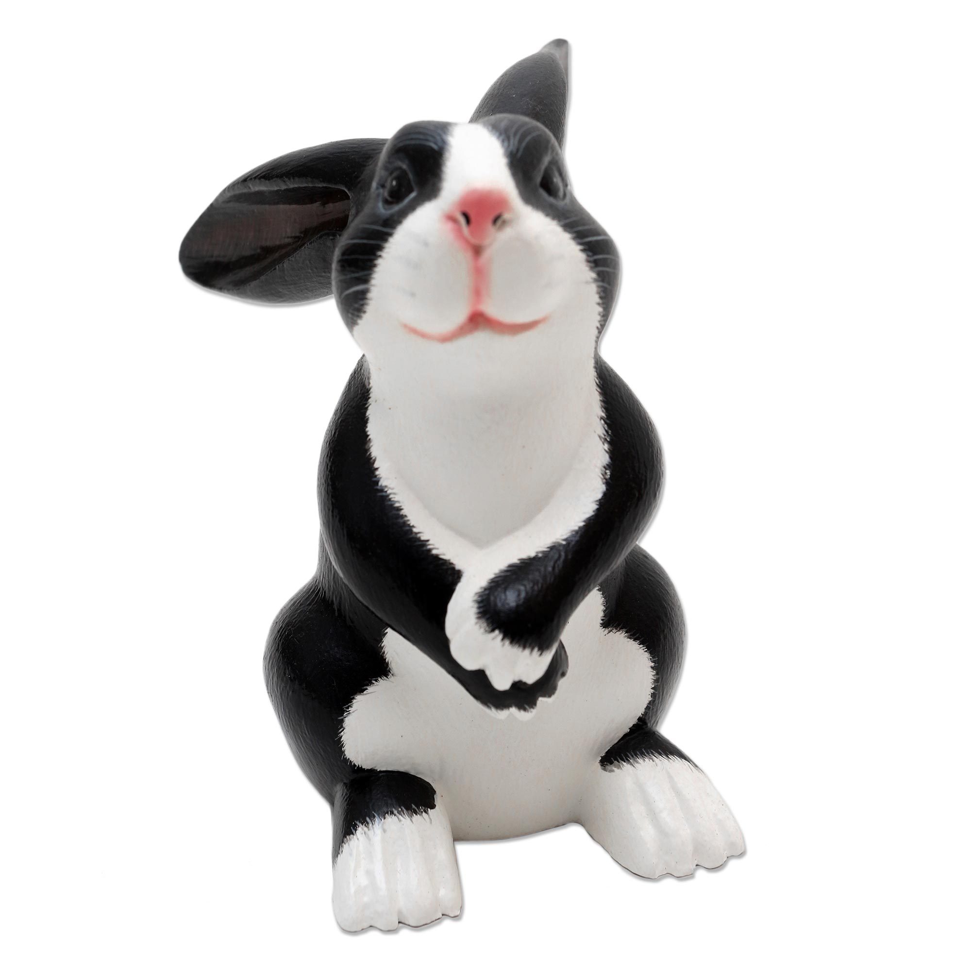 Bunny Sculpture in Black and White - Adorable Tuxedo Rabbit | NOVICA