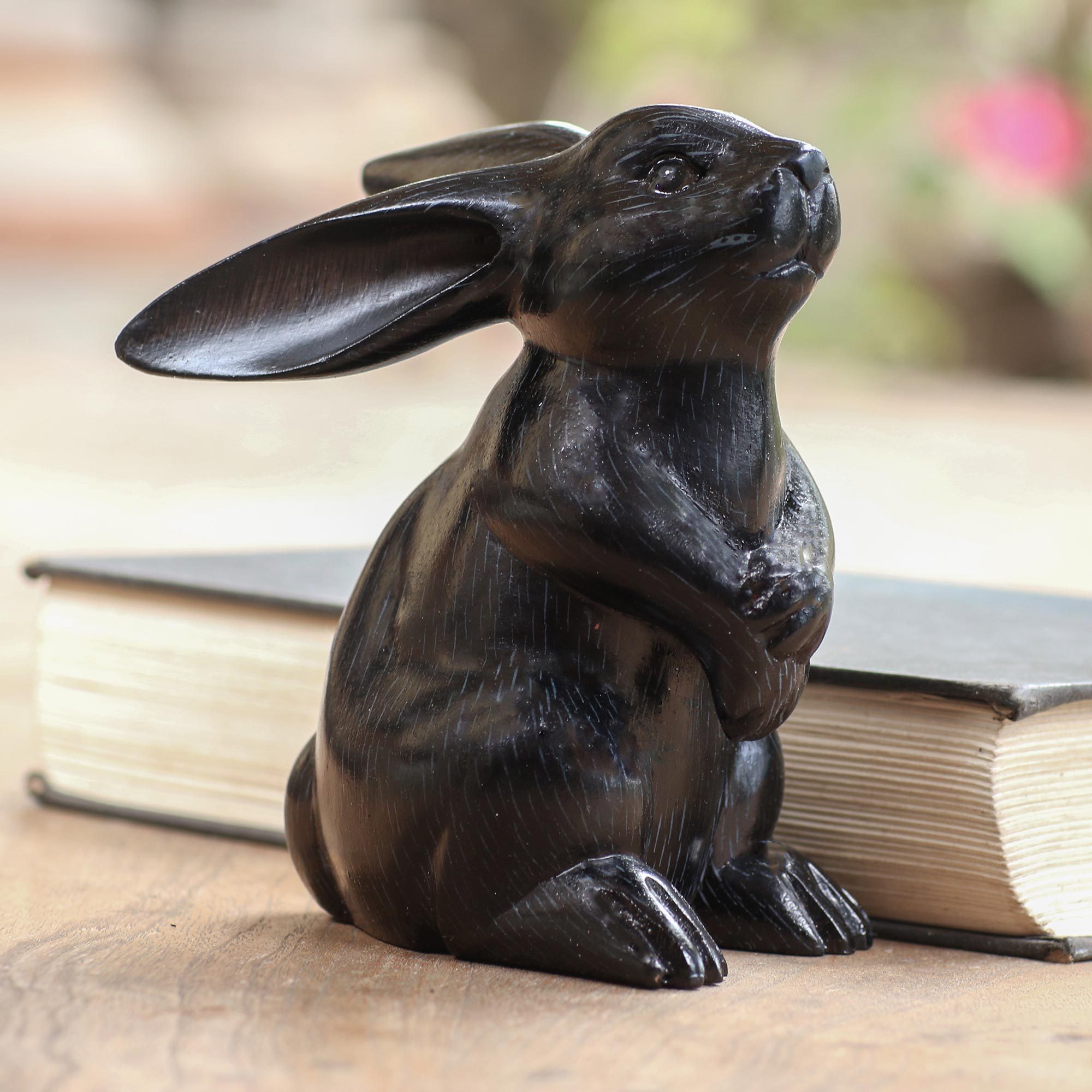 Black Rabbit Statuette from Bali - Adorable Rabbit in Black | NOVICA
