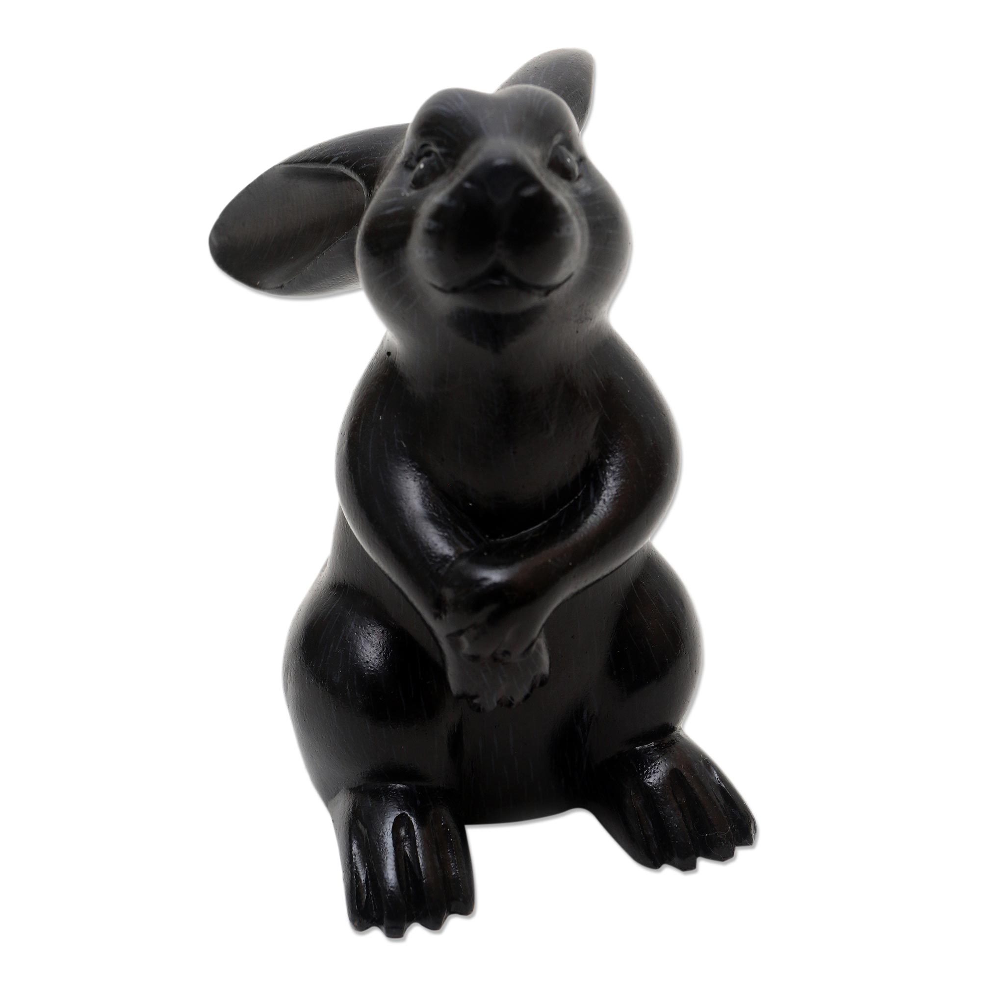 Black Rabbit Statuette from Bali - Adorable Rabbit in Black | NOVICA