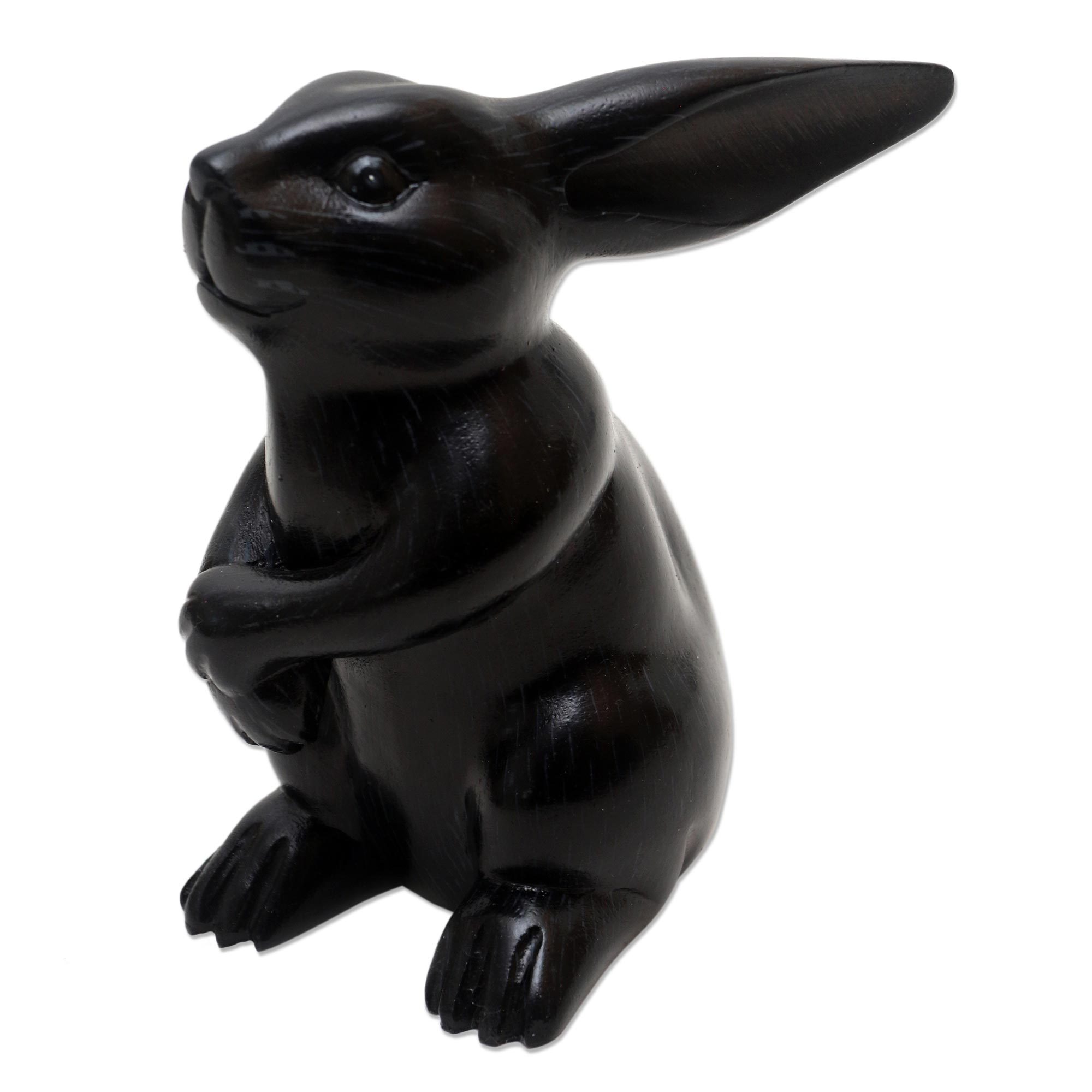 Black Rabbit Statuette from Bali - Adorable Rabbit in Black | NOVICA
