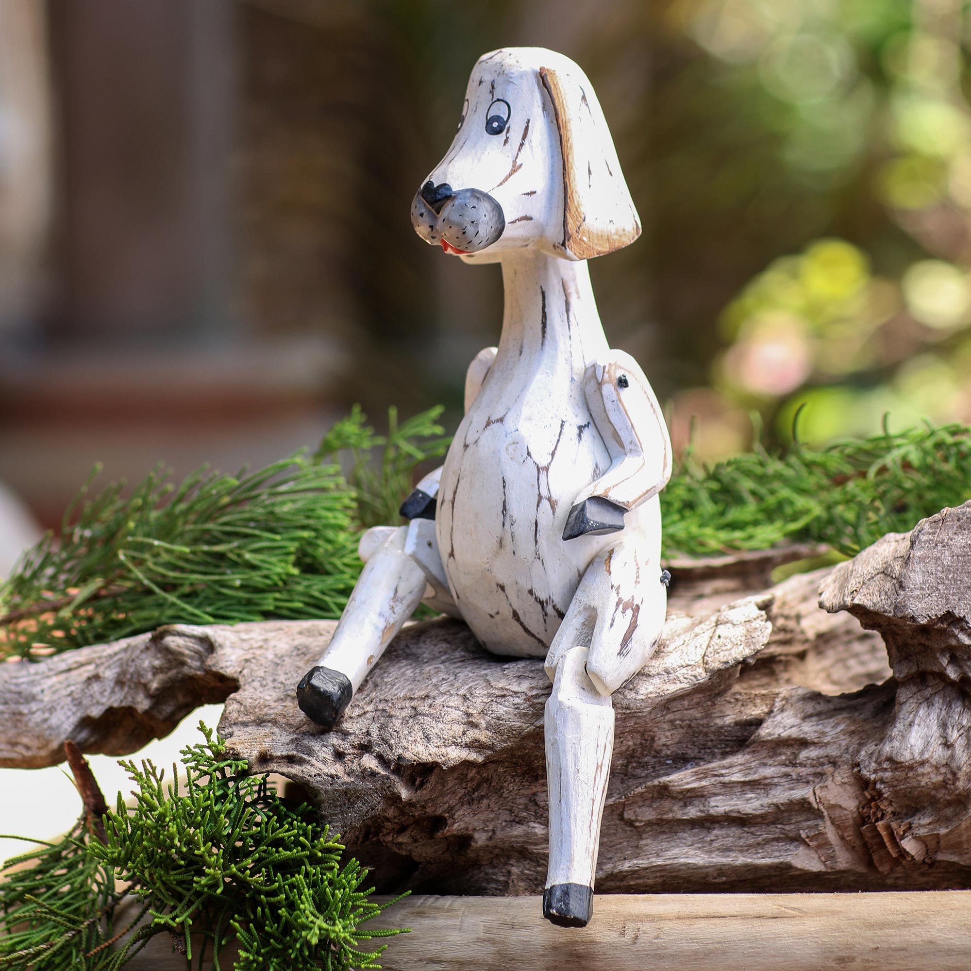 Hand Carved Jointed Wood Dog Sculpture - Seated Dog | NOVICA