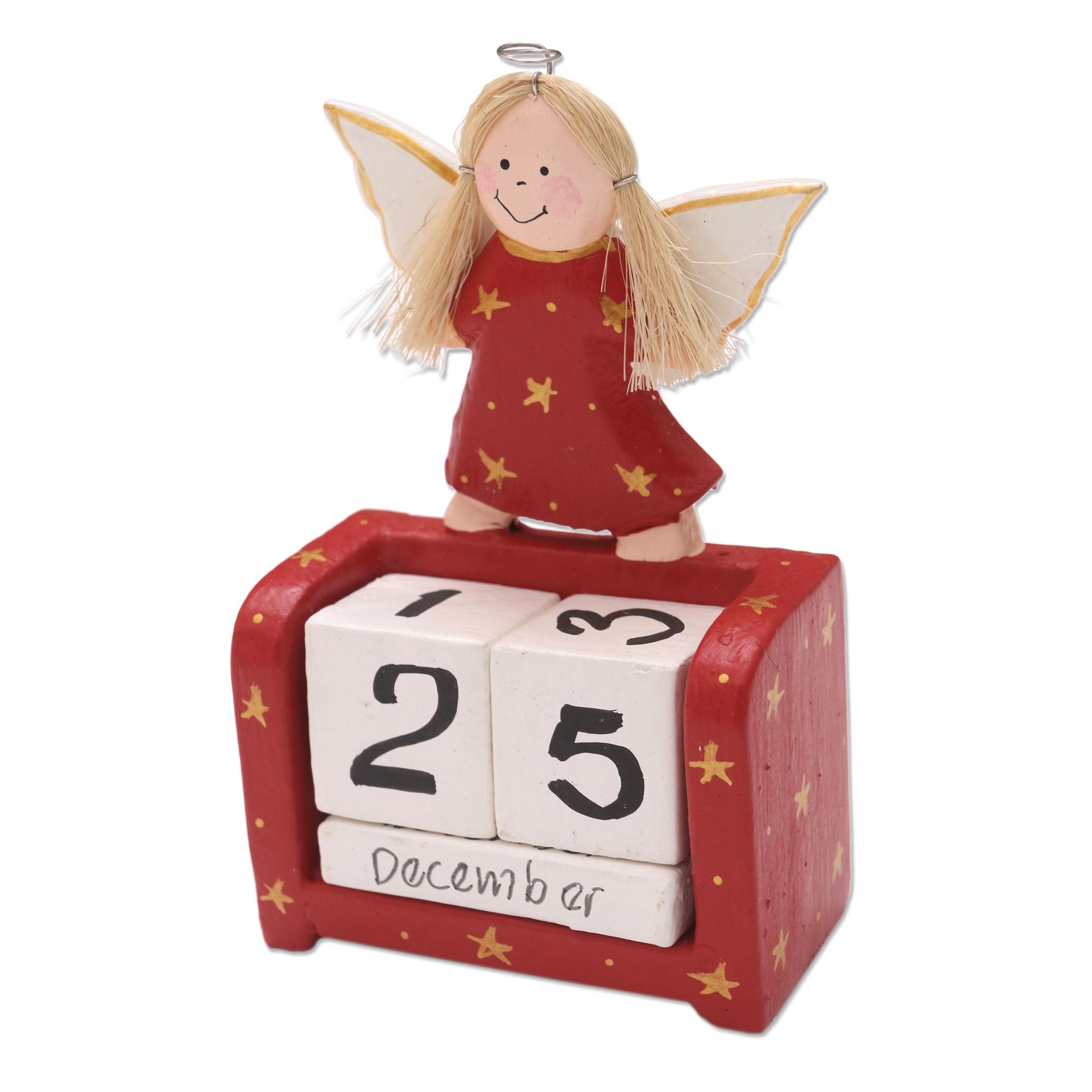UNICEF Market | Angel Motif Wood Perpetual Calendar - Angel Time in Red
