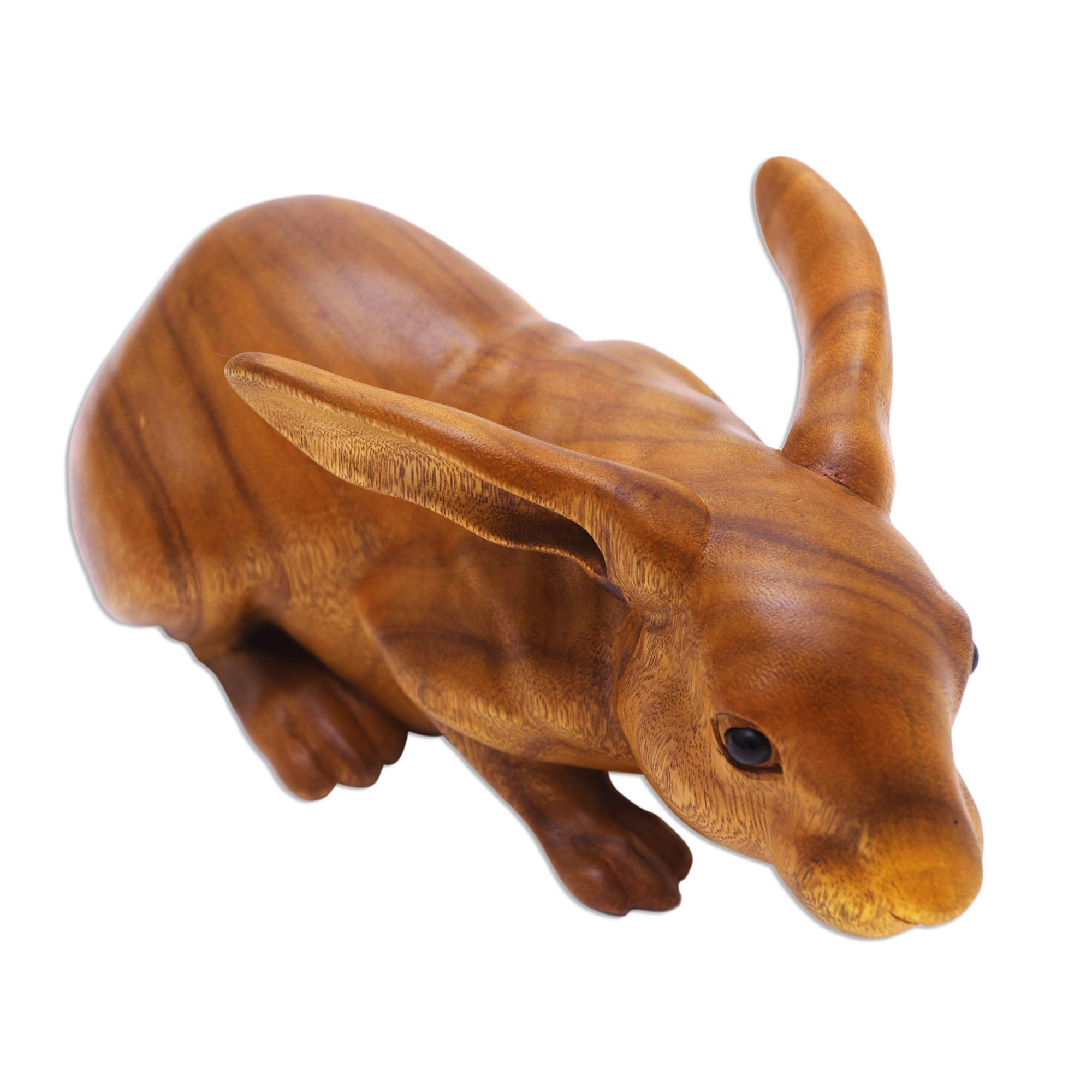 Suar Wood Rabbit Sculpture with Onyx Eyes - Gentle Friend | NOVICA