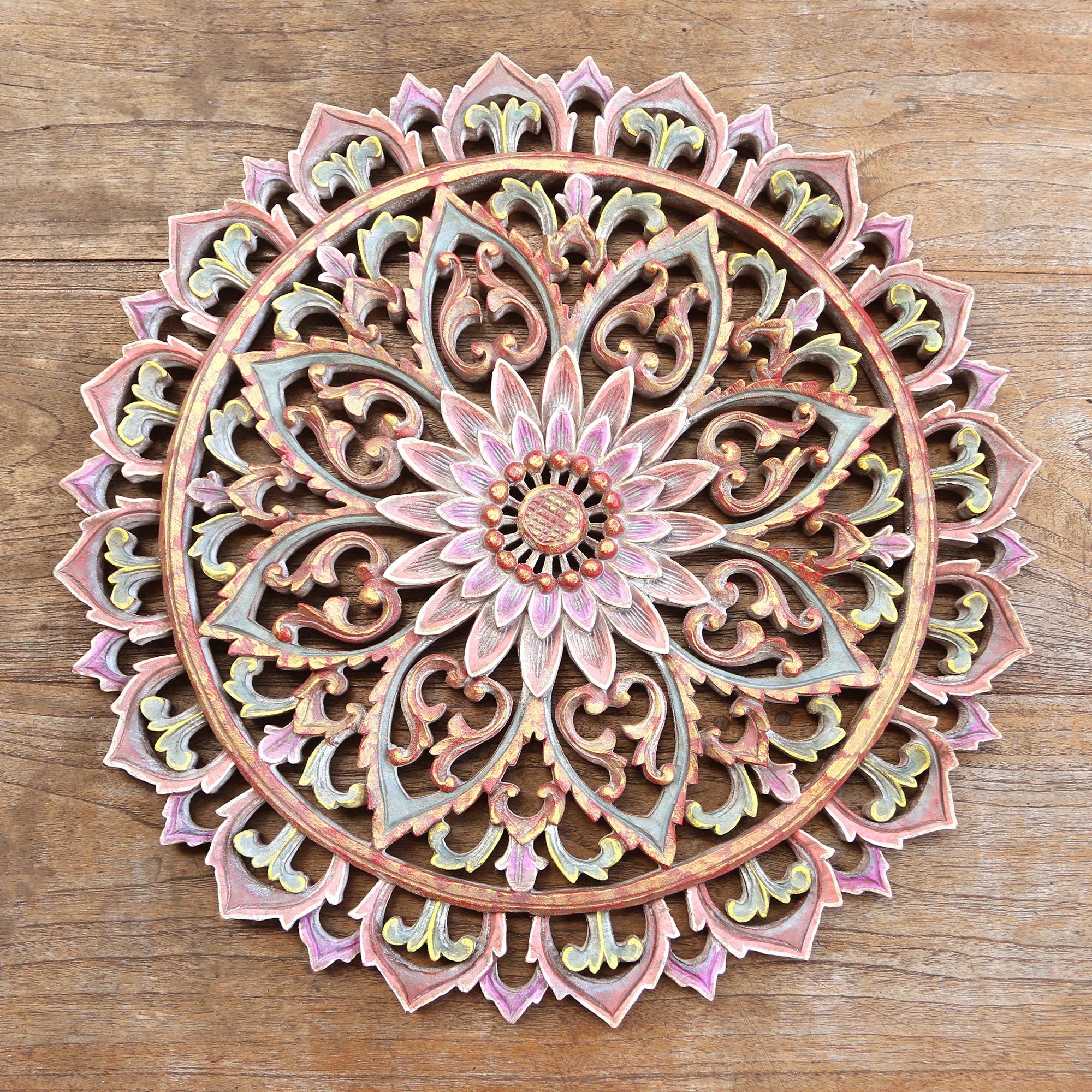 Hand Crafted Suar Wood Lotus Flower Relief Panel - Radiating Lotus | NOVICA