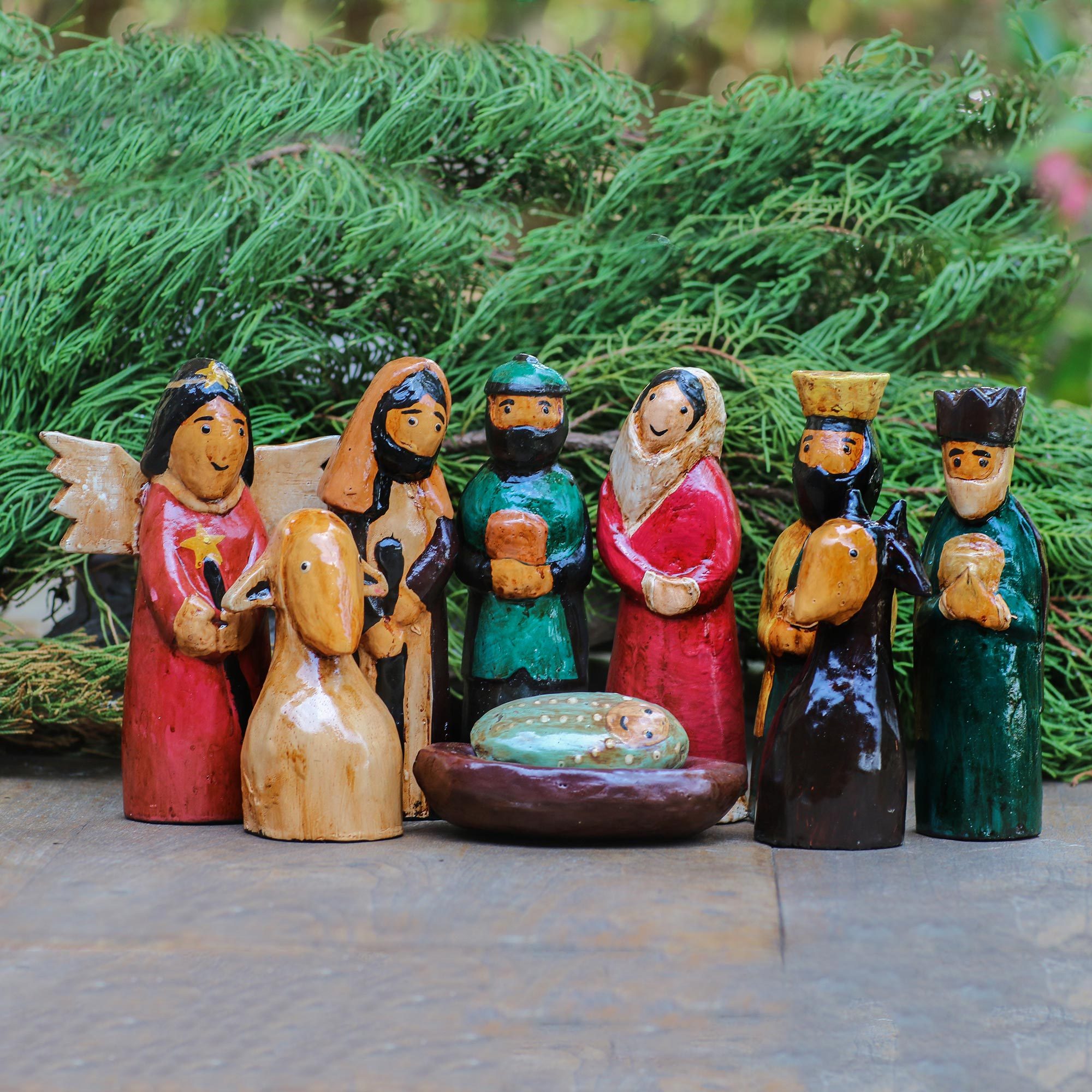 Handmade Wood Nativity Scene (9 Pieces) - Christ was Born | NOVICA