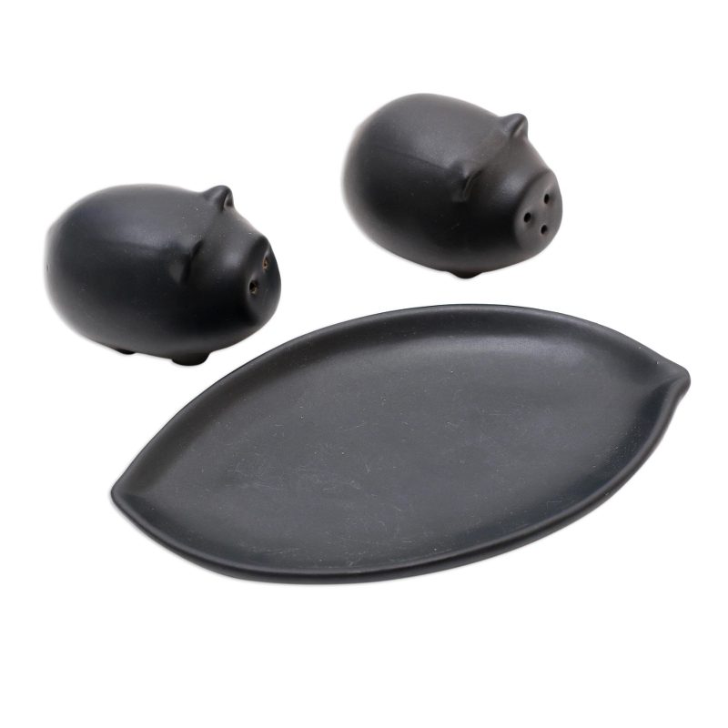 Matte Black Ceramic Pig Salt and Pepper Shakers with Tray - Portly Pigs ...