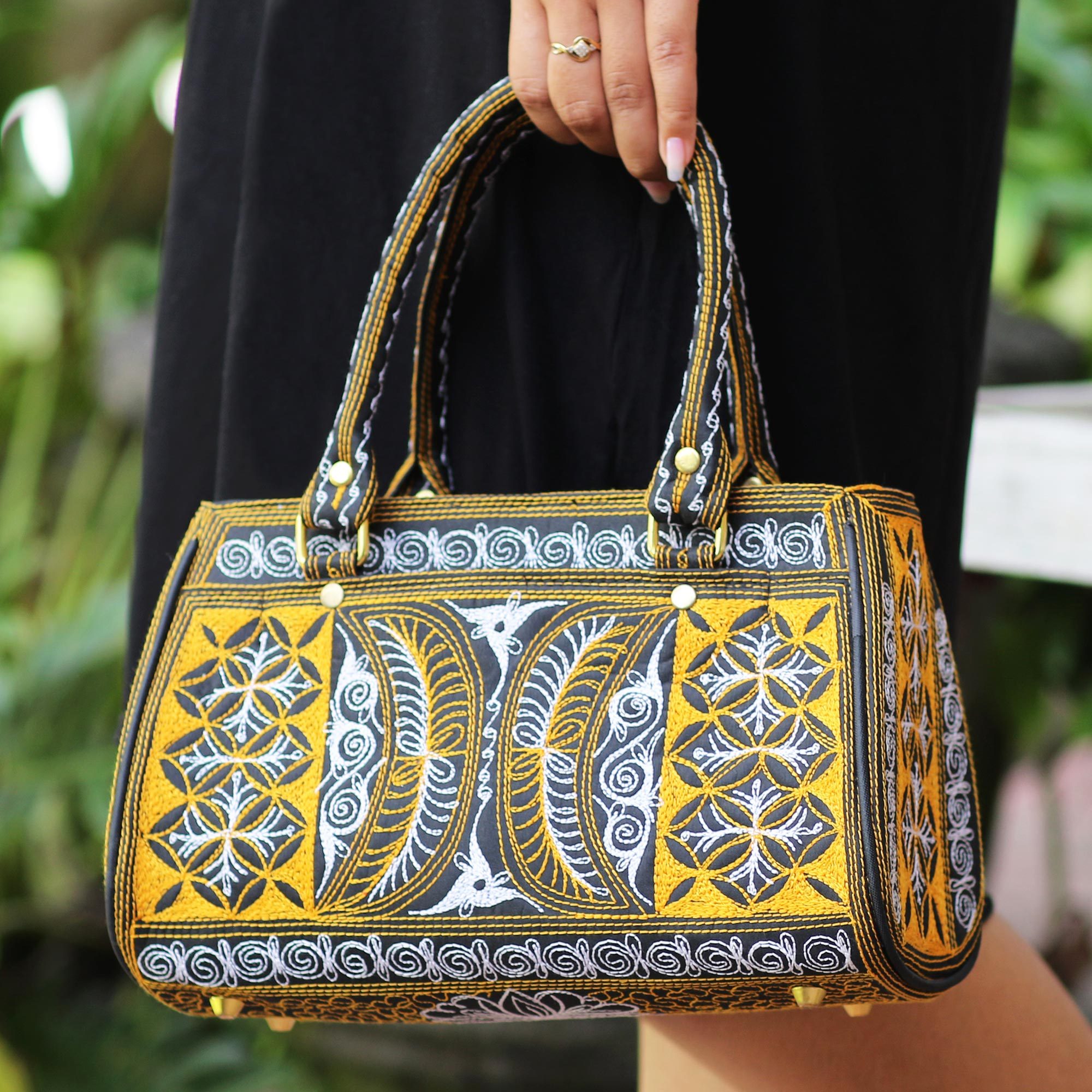Embroidered Cotton Handle Handbag from Bali - Dayak Tribe in Yellow ...