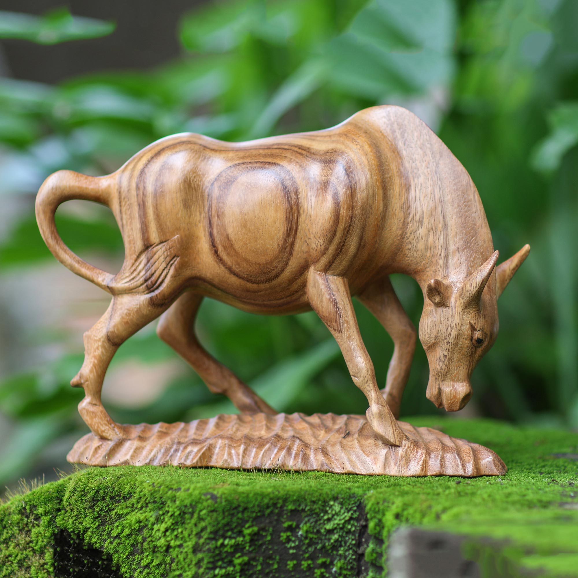 Hand Carved Suar Wood Bull Statuette - Bull Attraction | NOVICA