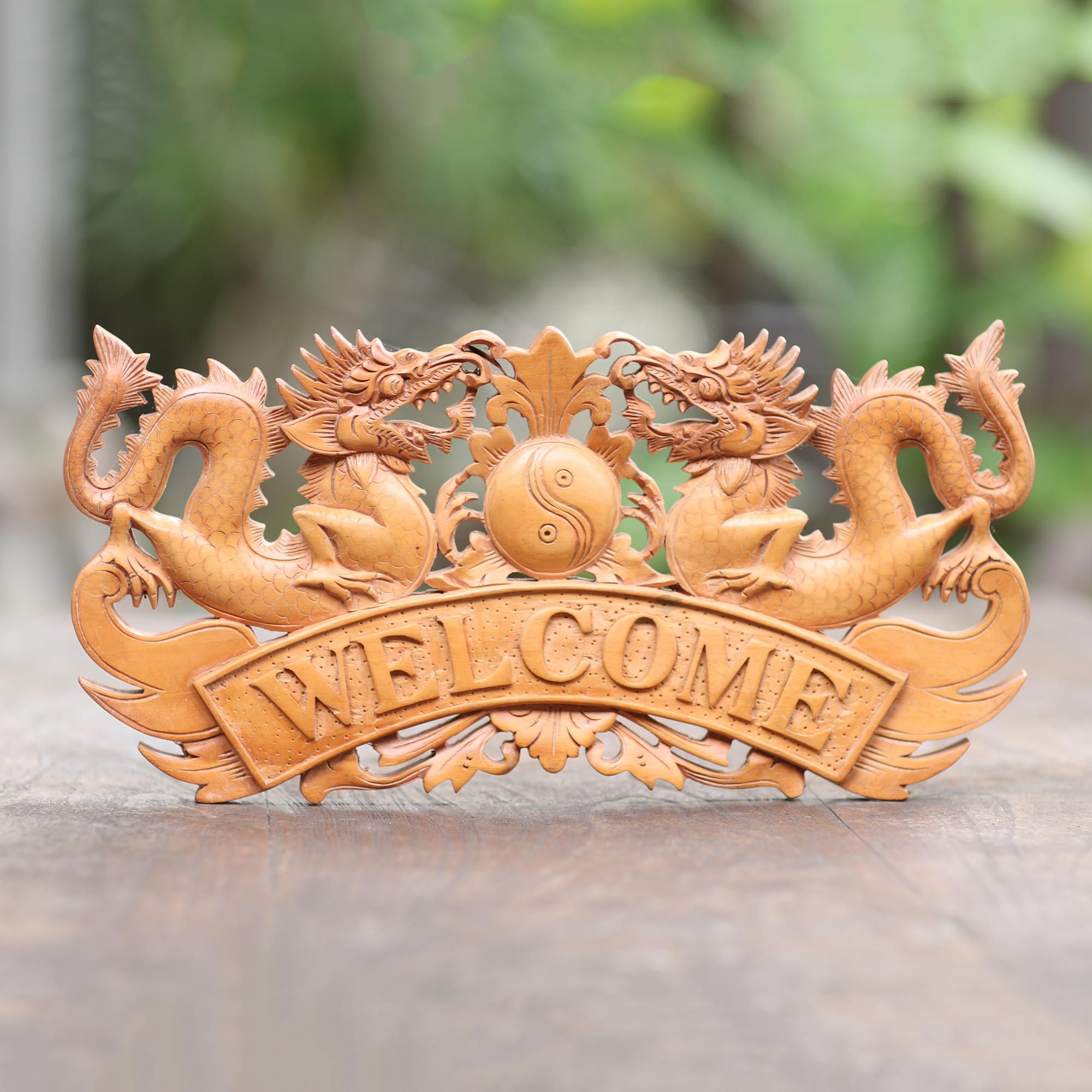 Dragon-Themed Suar Wood Wall Sign - Dragon Welcome | NOVICA