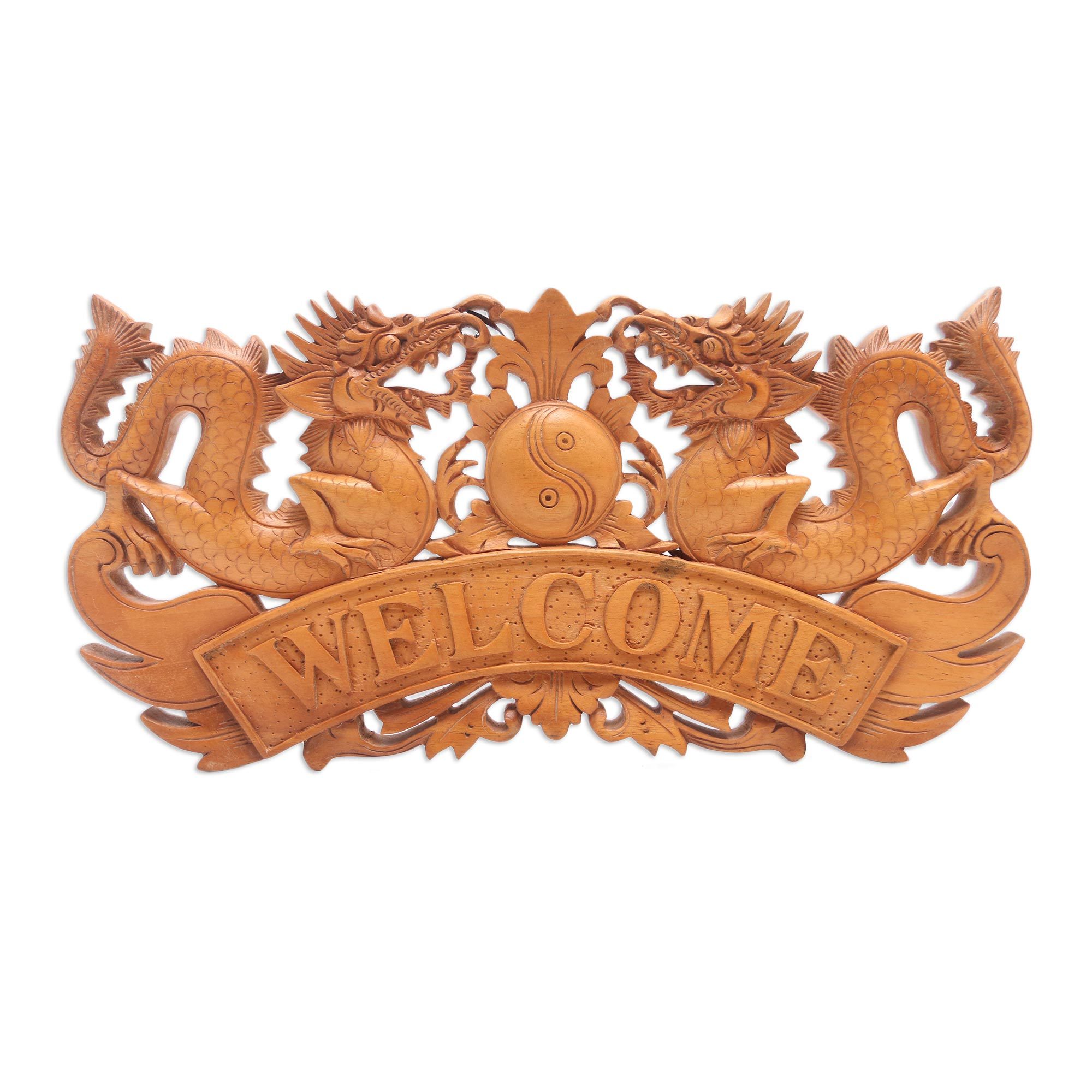 Dragon-Themed Suar Wood Wall Sign - Dragon Welcome | NOVICA