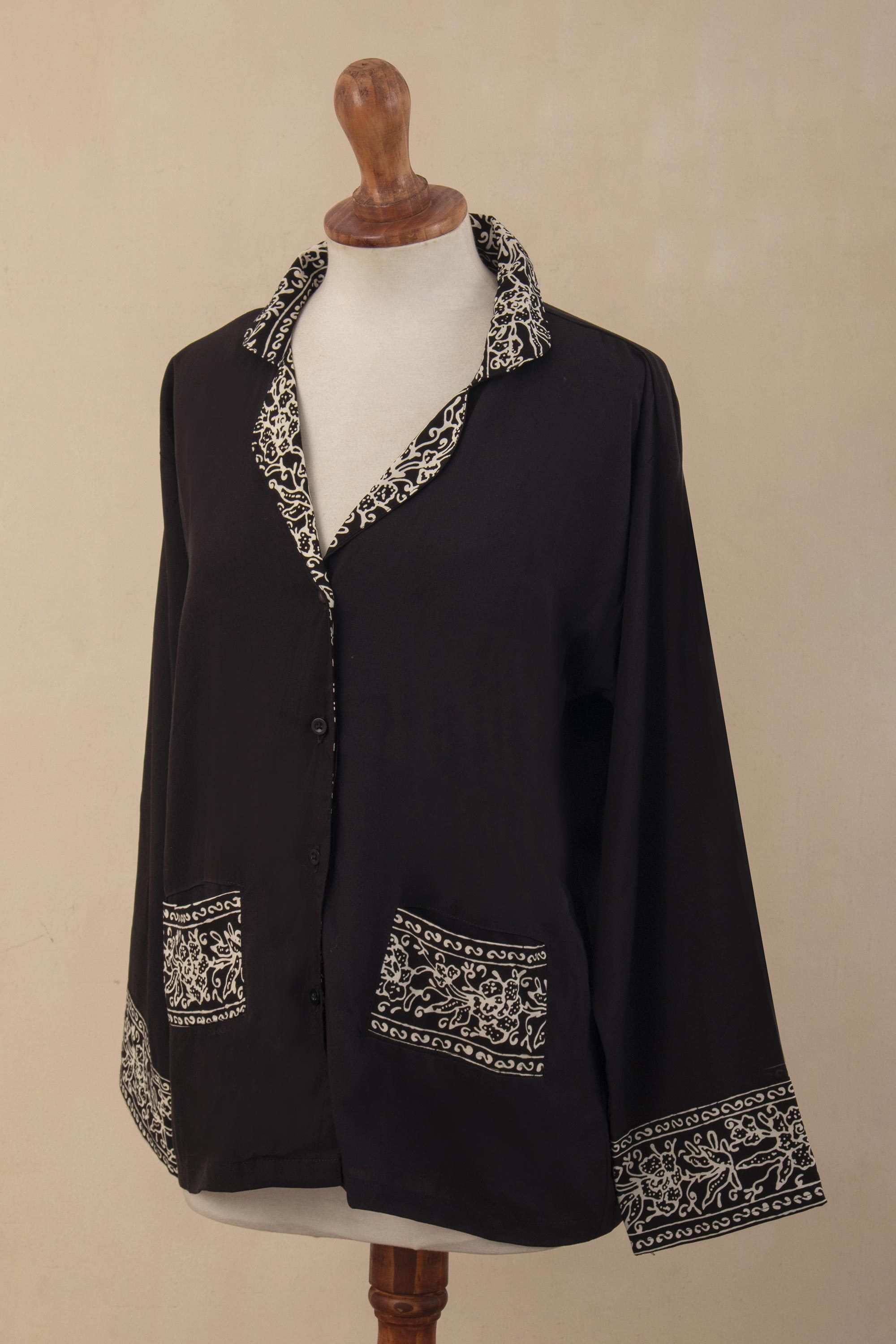 Handmade Batik Rayon Pajama Set - Batik Long Sleeve Loungewear | NOVICA