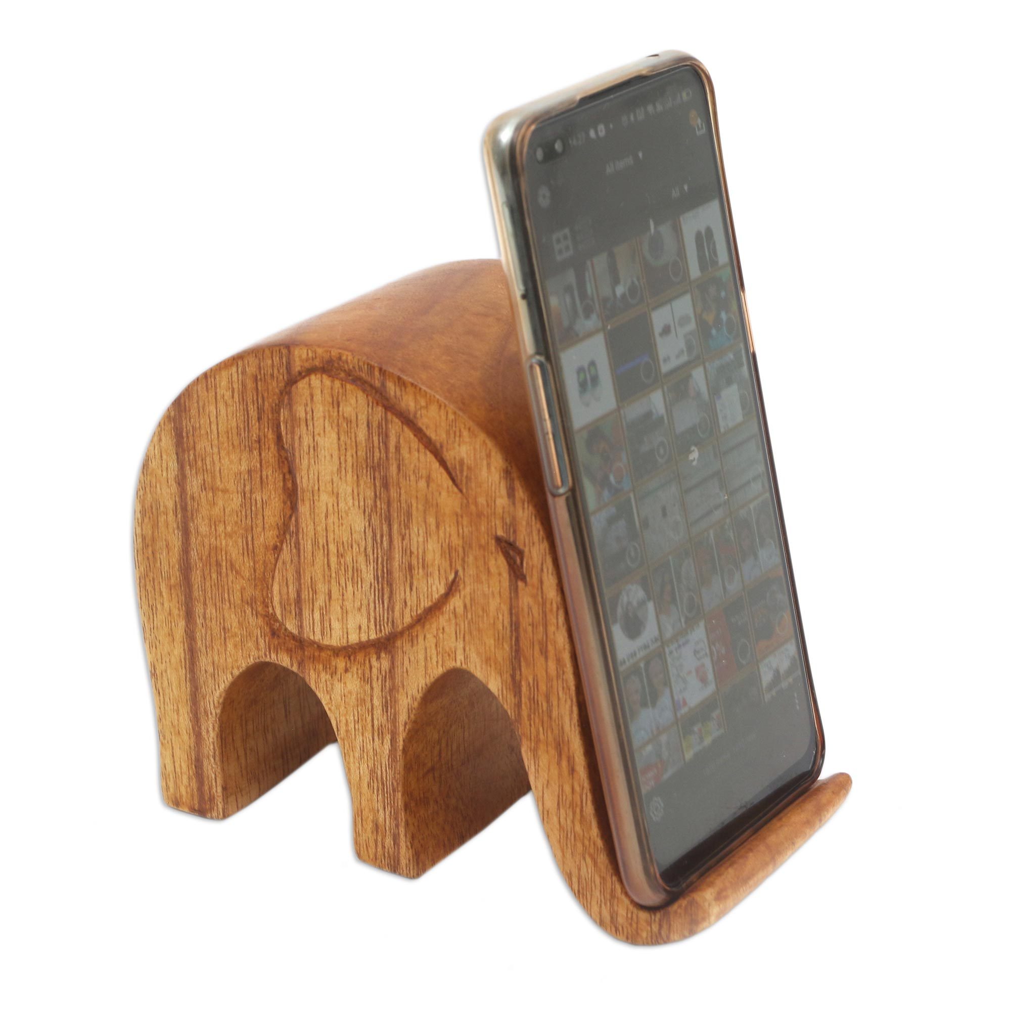 Handmade Jempinis Wood Elephant Phone Stand - Dialing Elephant | NOVICA