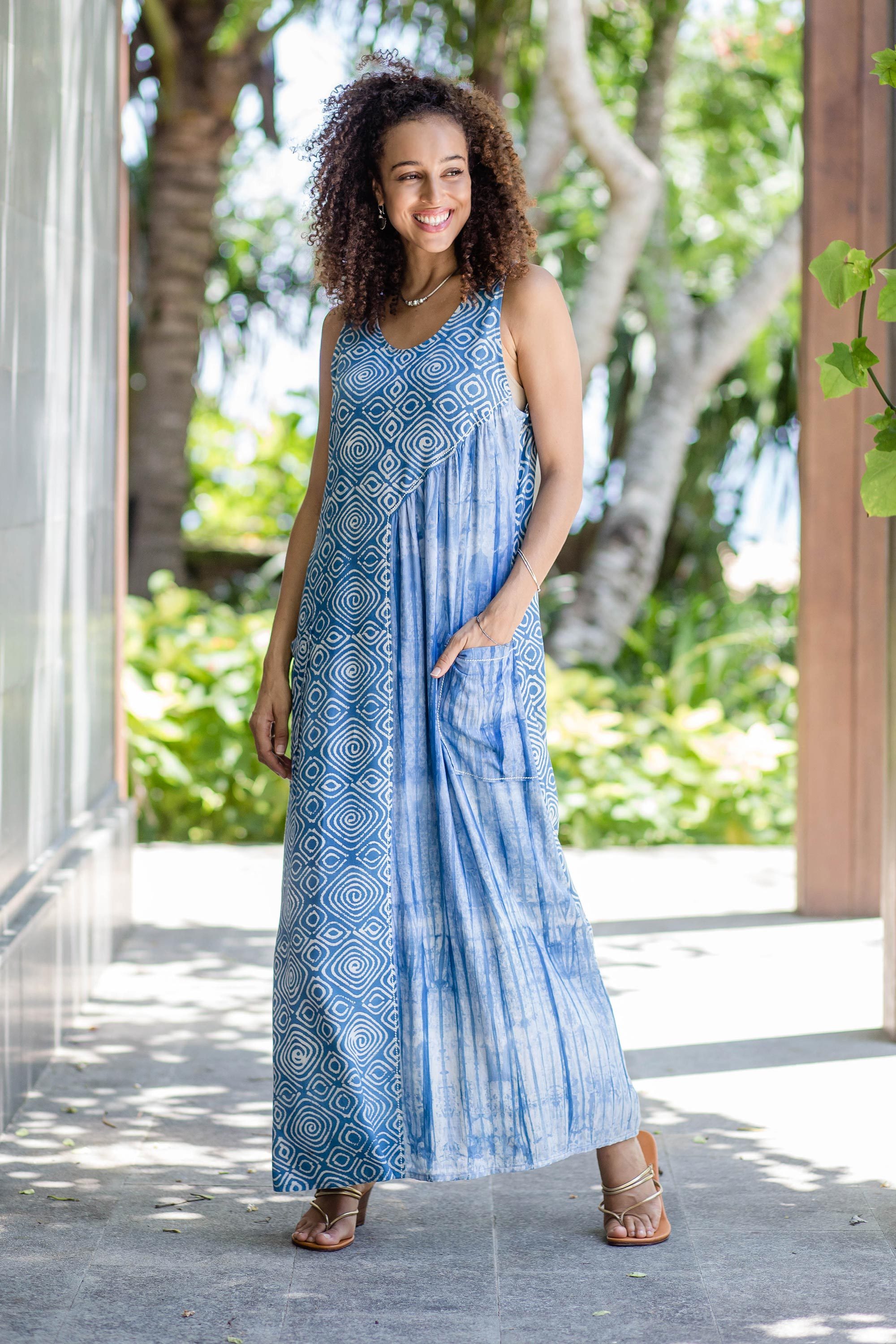 Hand-Stamped Batik Cotton Maxi Sundress - Clouds and Waves | NOVICA