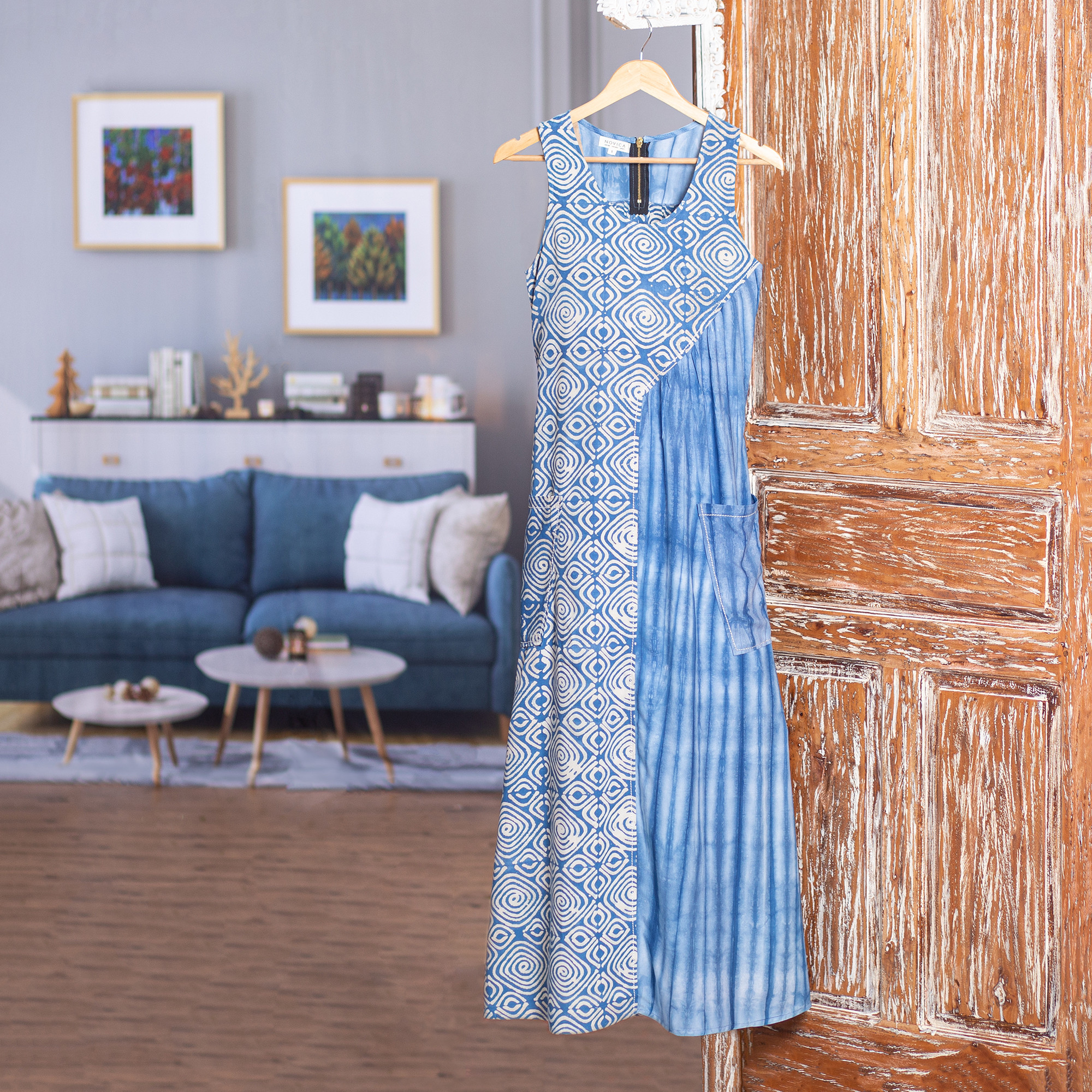 Hand-Stamped Batik Cotton Maxi Sundress - Clouds and Waves | NOVICA