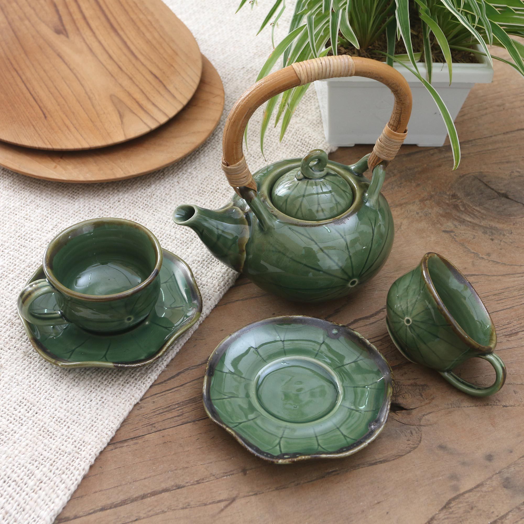 Green Ceramic and Bamboo Tea Set for Two (5 Pcs) - Honeymoon Tavern ...
