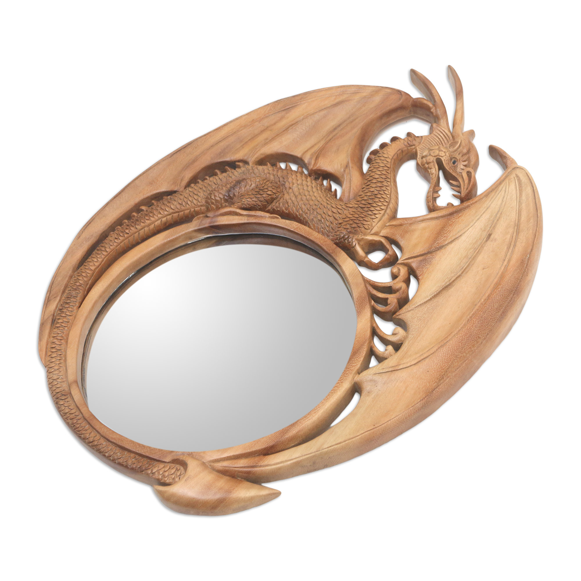 Hand-carved Wood Dragon Wall Mirror from Bali - Mysterious Dragon | NOVICA