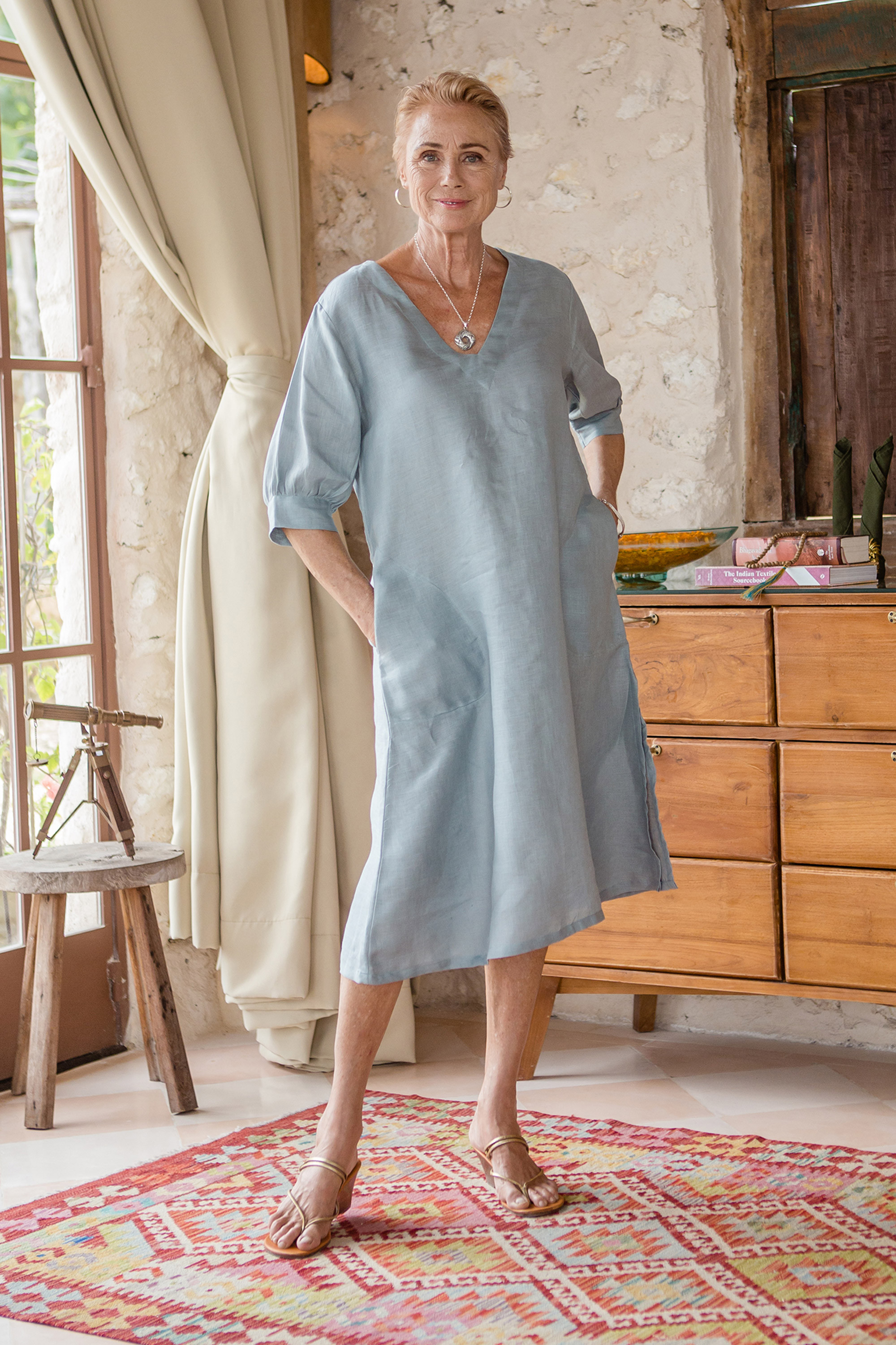 Balinese Blue Linen Tunic Dress with V-Neckline - Bright Sunday | NOVICA