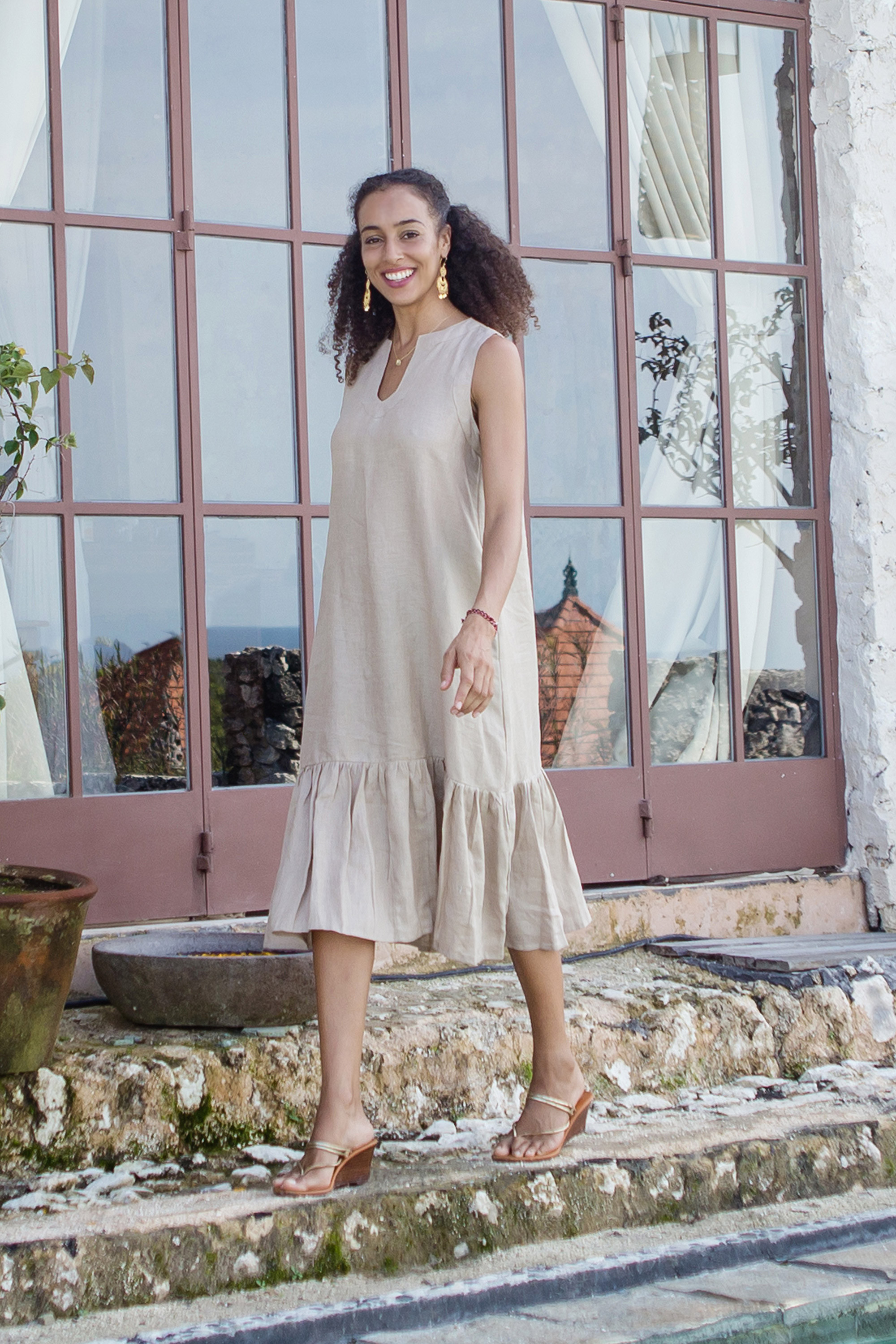 Handmade Taupe Linen Sleeveless Ruffle Sundress from Bali - Breeze Wave ...