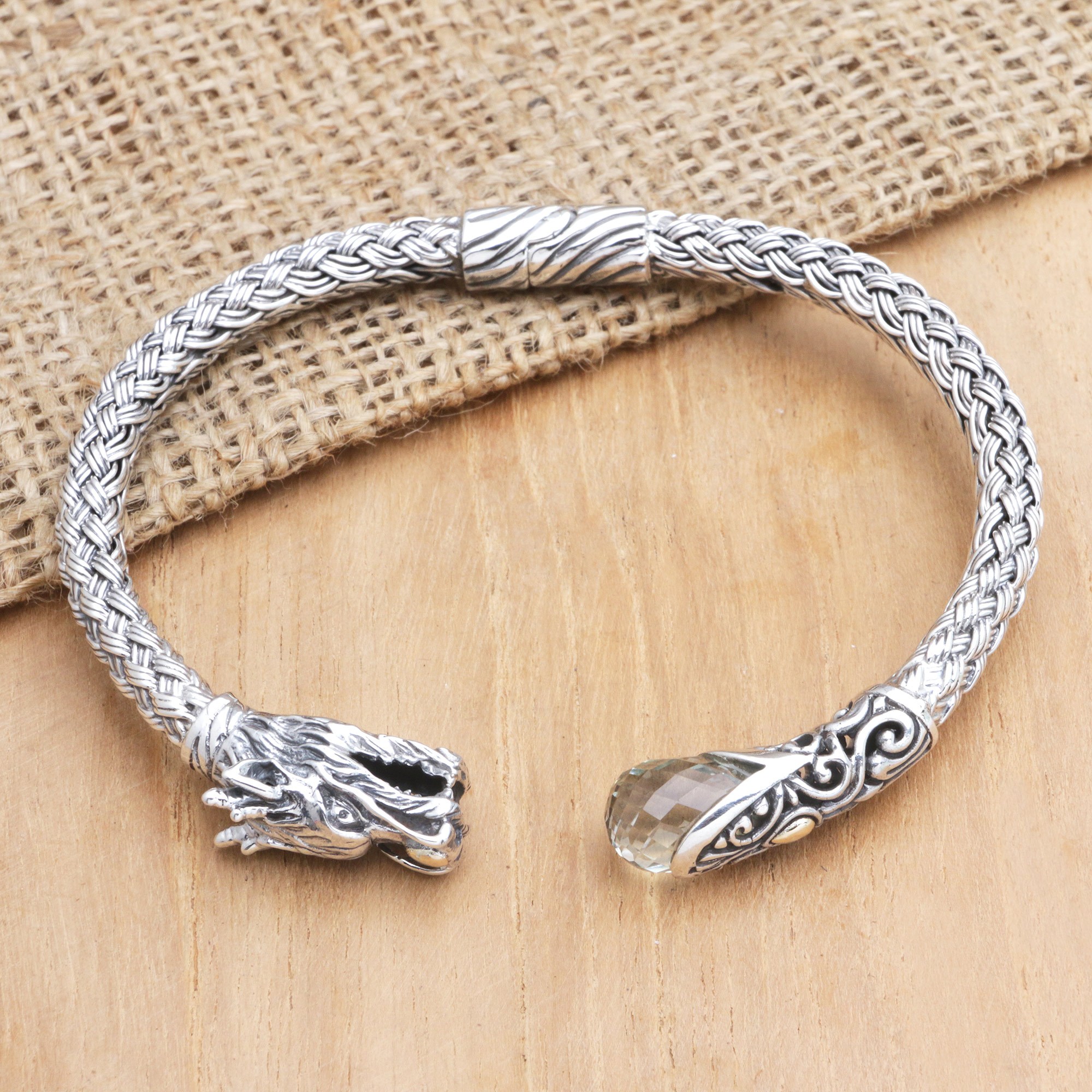Sterling Silver Dragon Cuff Bracelet with Faceted Prasiolite ...