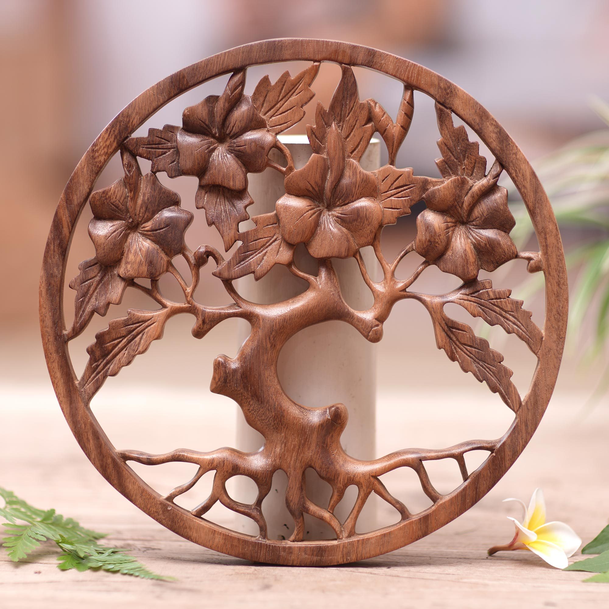 Hand-Carved Suar Wood Relief Panel of Tree in Natural Brown ...
