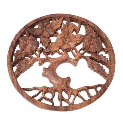 Hand-Carved Suar Wood Relief Panel of Tree in Natural Brown ...
