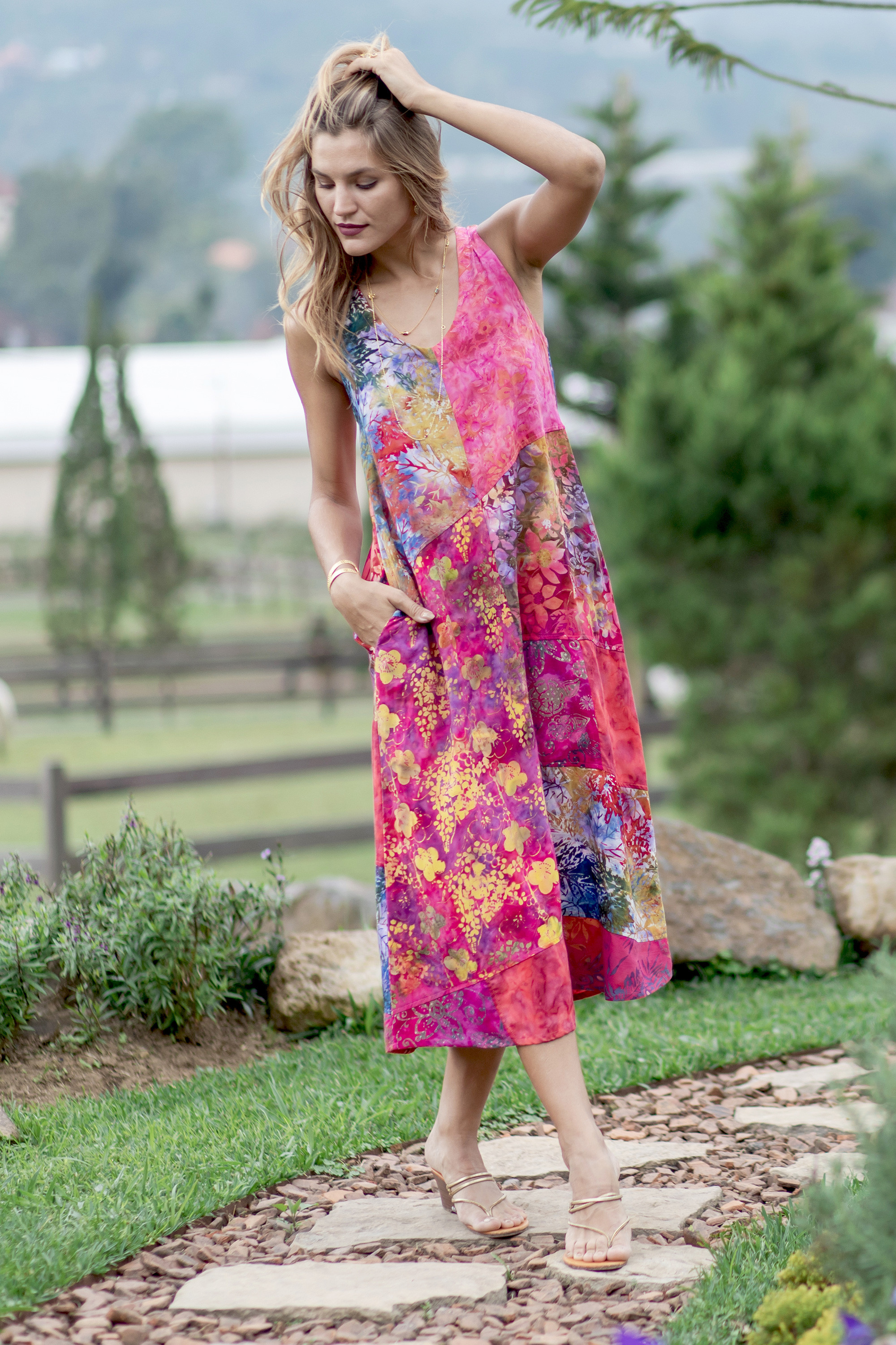 Batik Magenta and Begonia Rayon Sleeveless Tunic Dress - Pink Patchwork ...