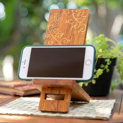 Hand-Carved and Painted Wood Phone Stand with Floral Motif - Glitter ...