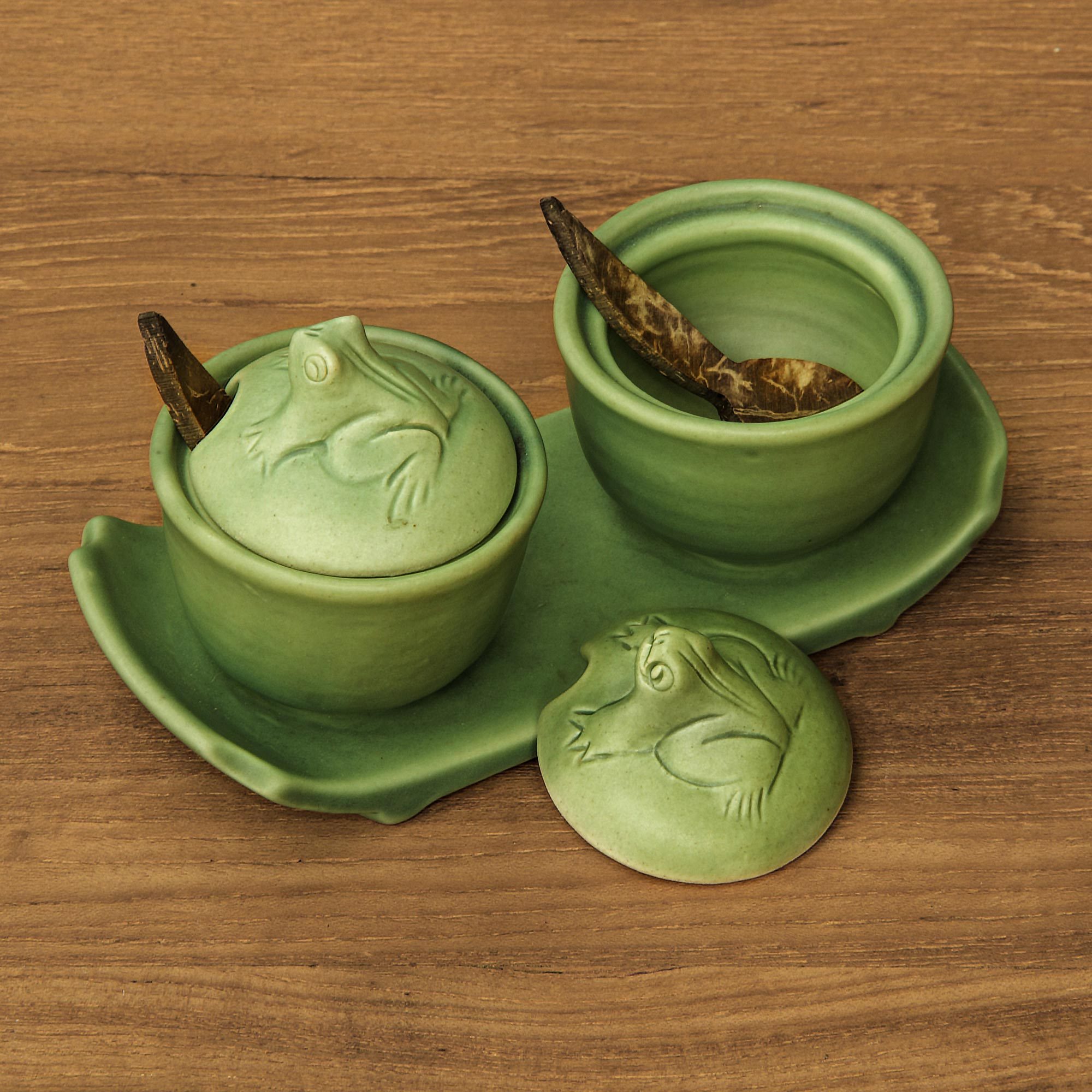 UNICEF Market | Green Ceramic Condiment Set with Self-Tray and Spoons ...